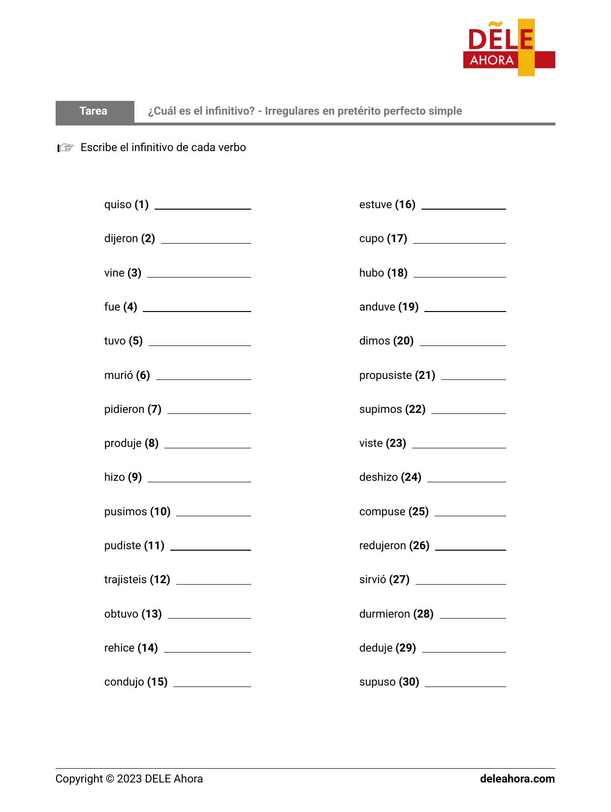 ¿Cuál es el infinitivo? - Irregulares en pretérito p... | Gramática
