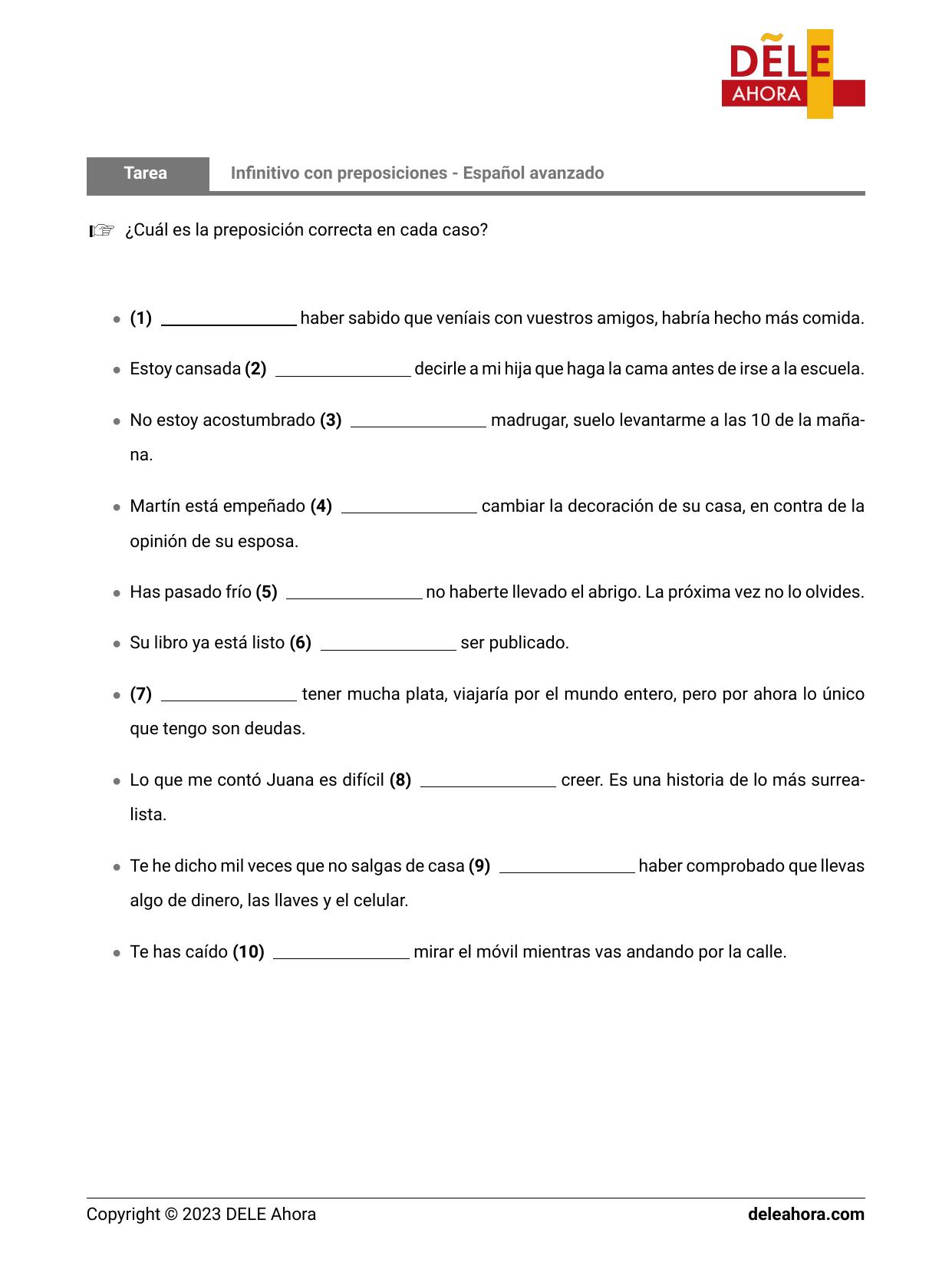 Infinitivo con preposiciones - Español avanzado | Gramática