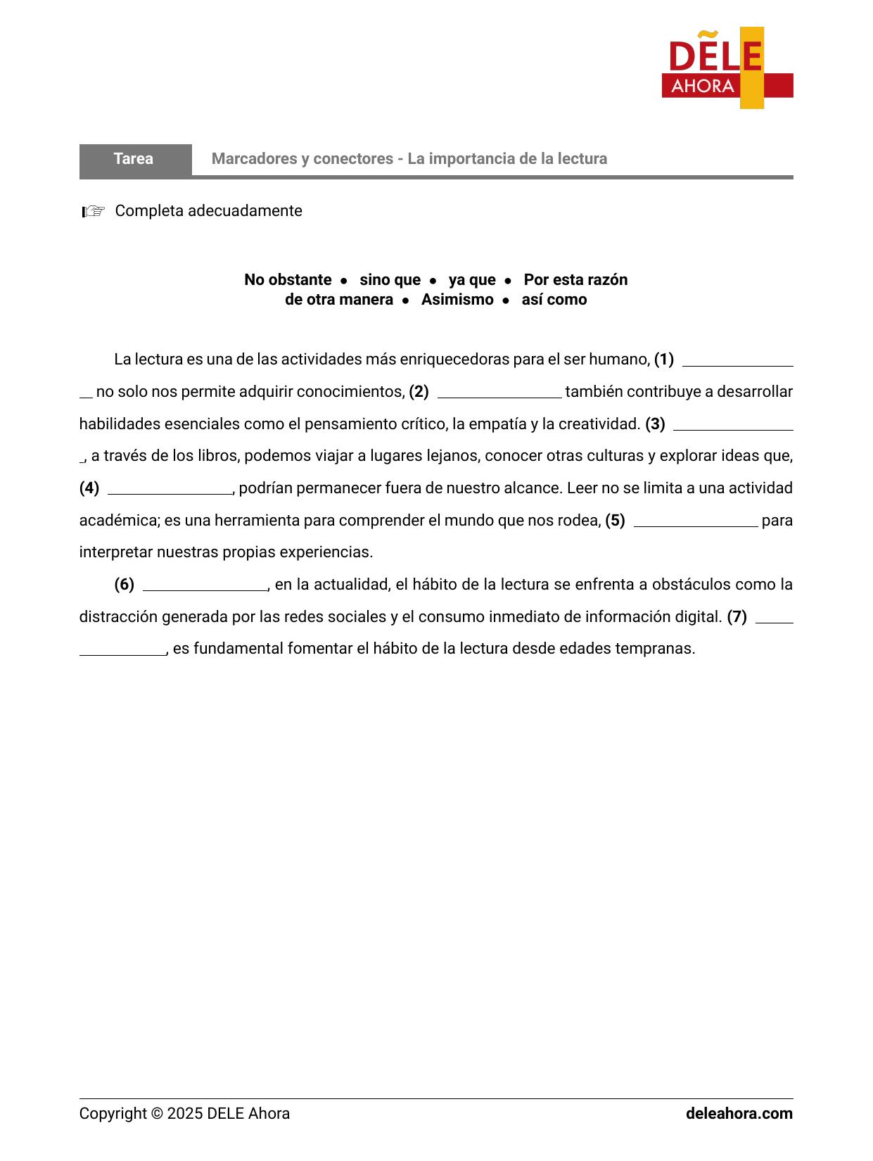 Marcadores y conectores - La importancia de la lectura | Gramática