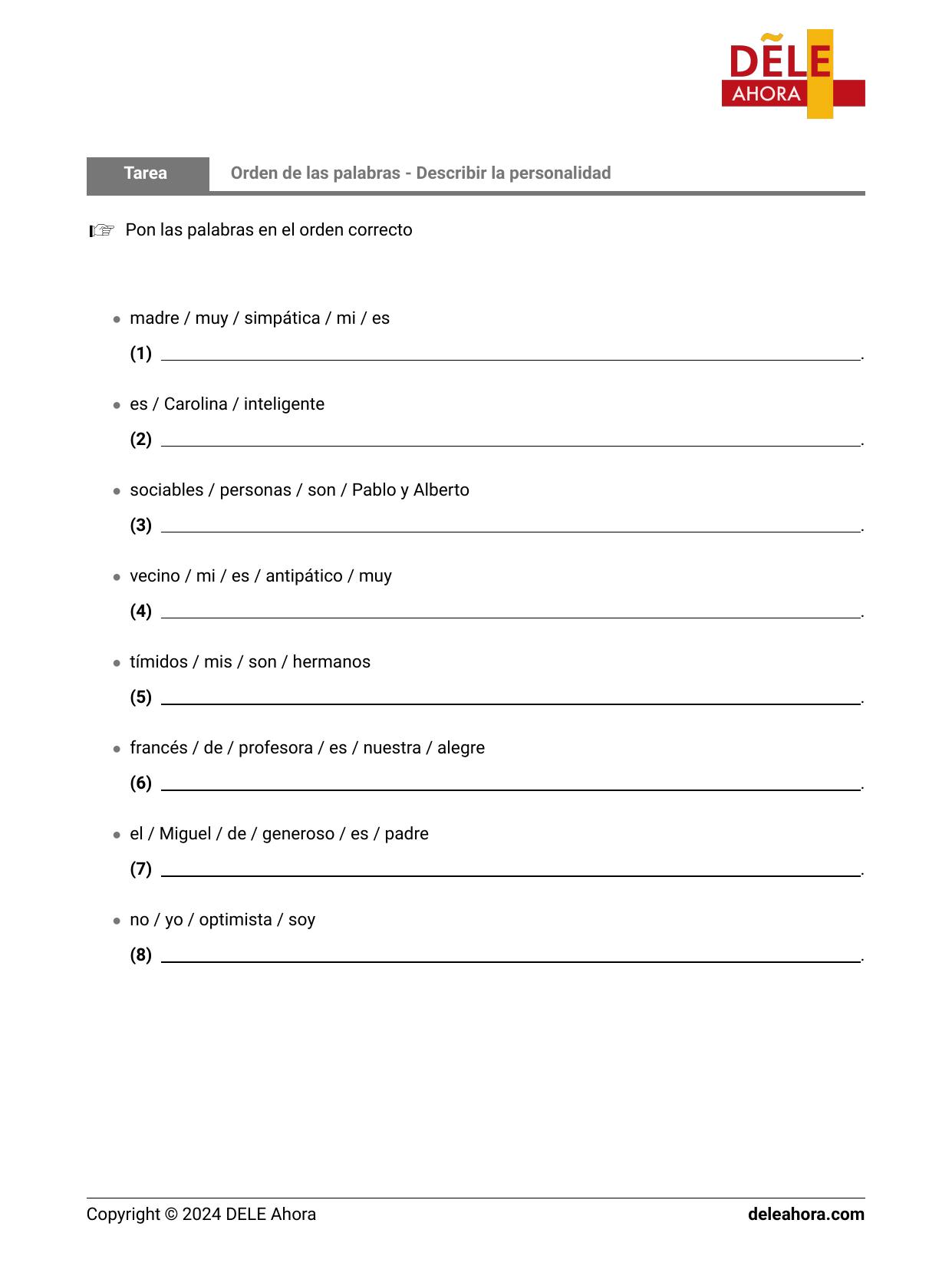 Orden de las palabras - Describir la personalidad | Gramática