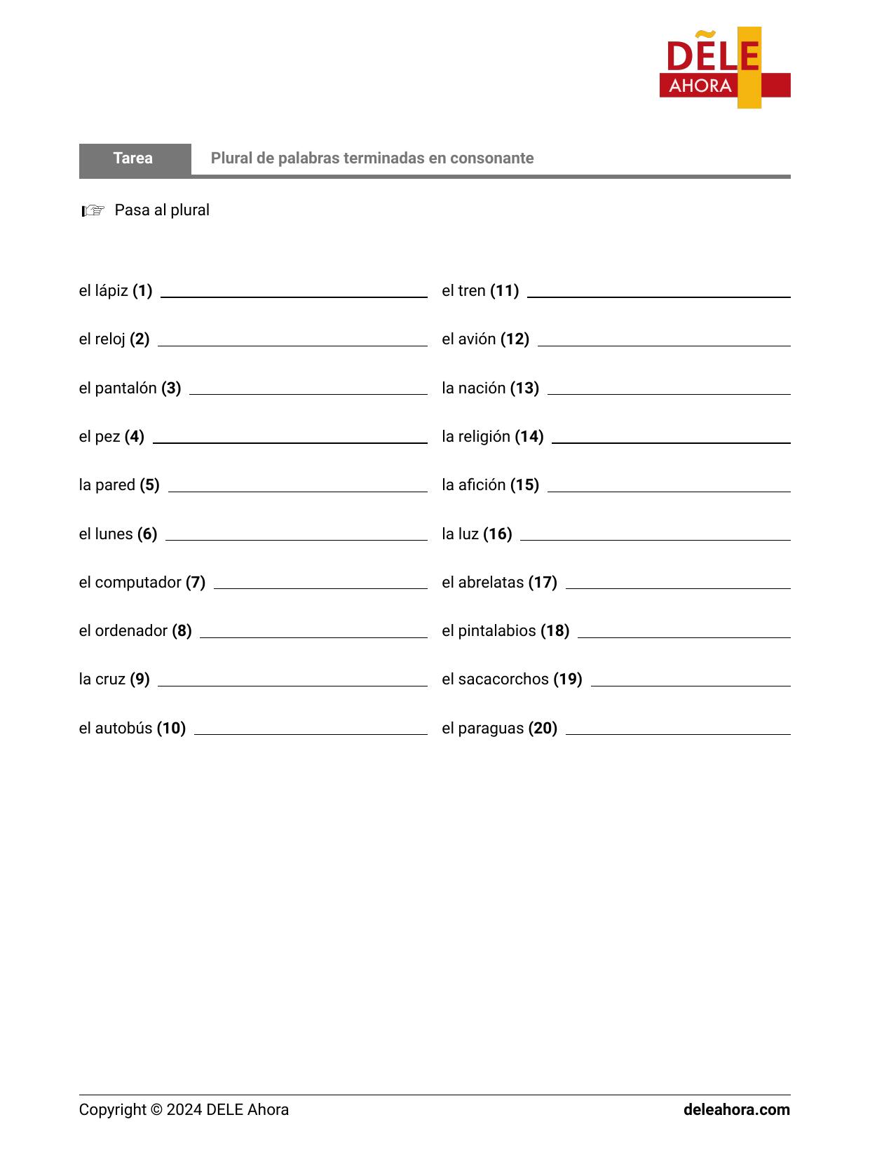 Plural de palabras terminadas en consonante | Gramática
