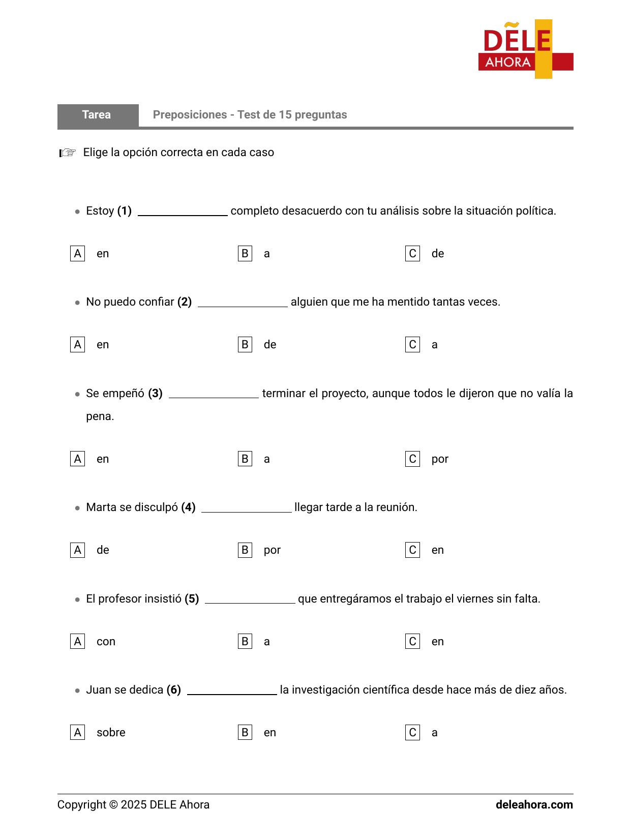 Preposiciones - Test de 15 preguntas | Gramática