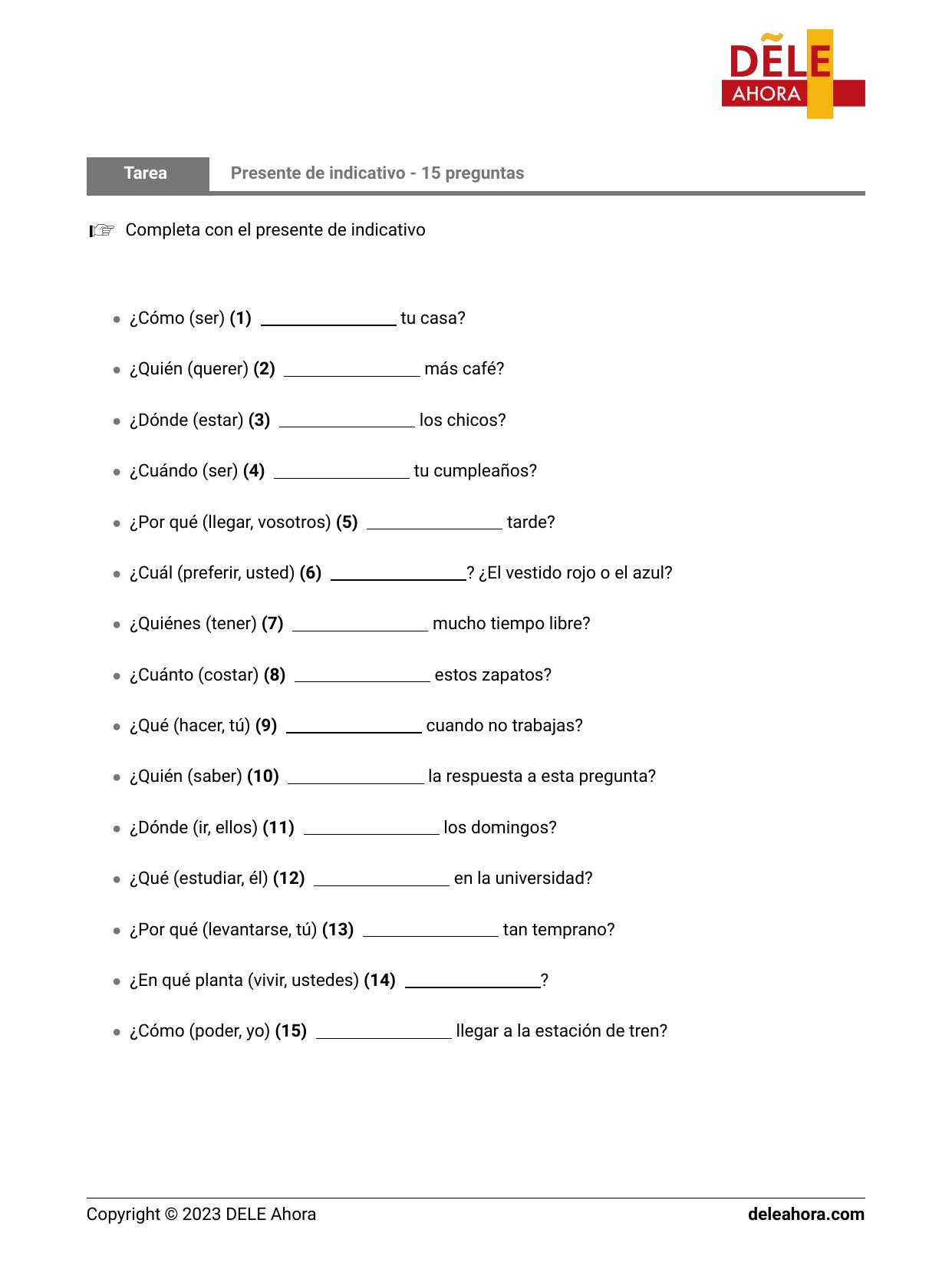 Presente de indicativo - 15 preguntas | Gramática