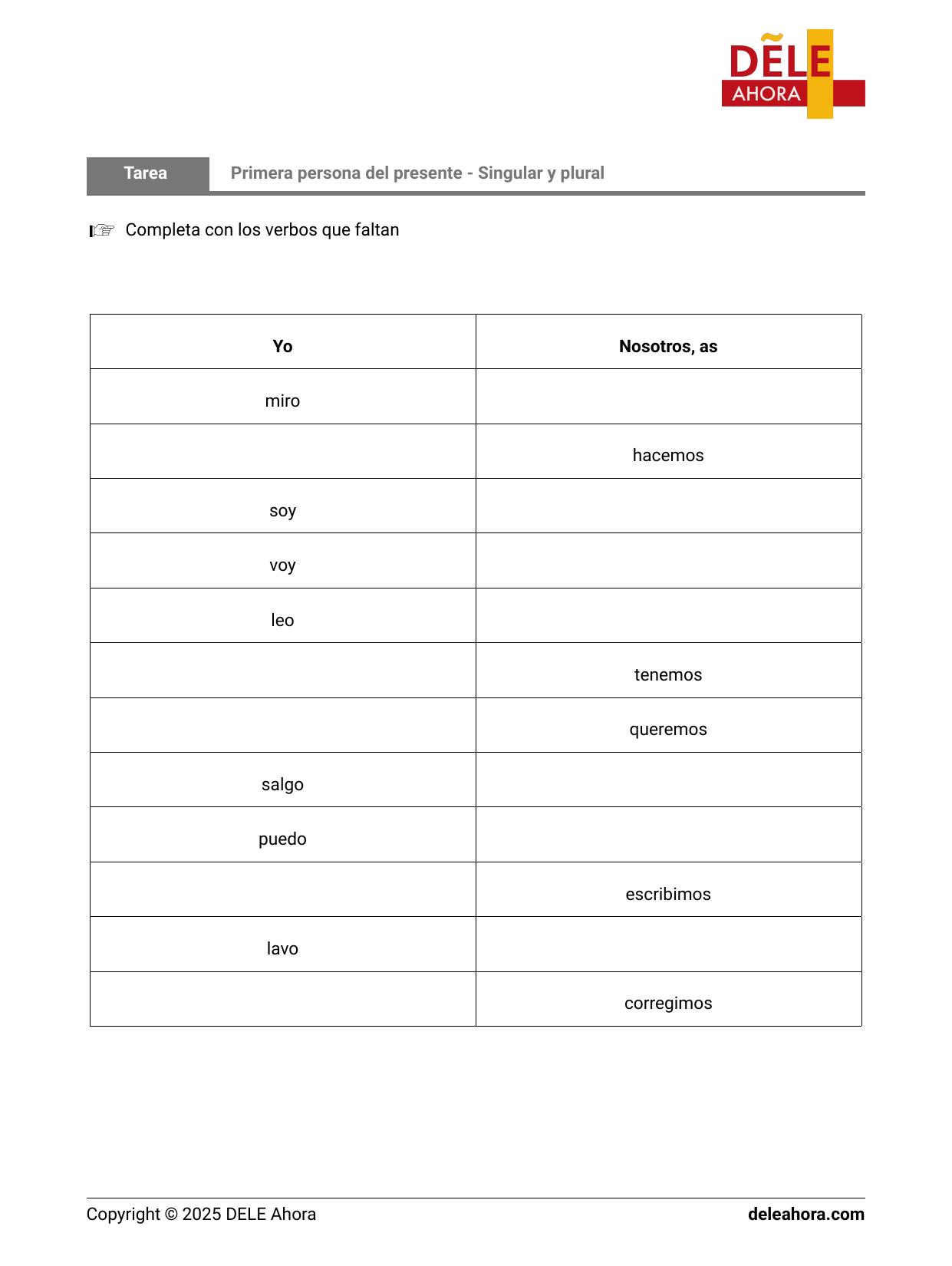Primera persona del presente - Singular y plural | Gramática