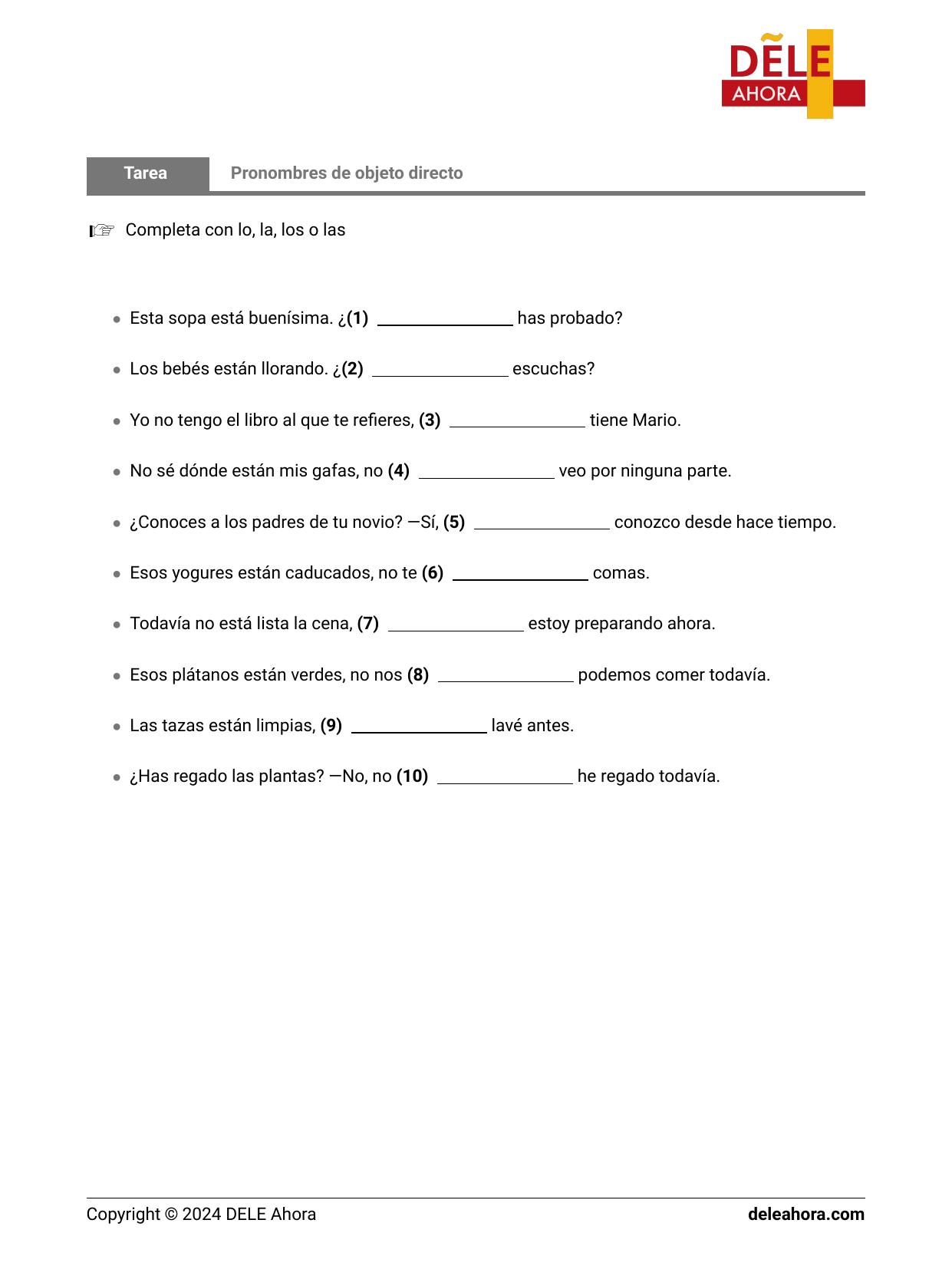 Hoja De Trabajo De Pronombres Sujeto Objeto