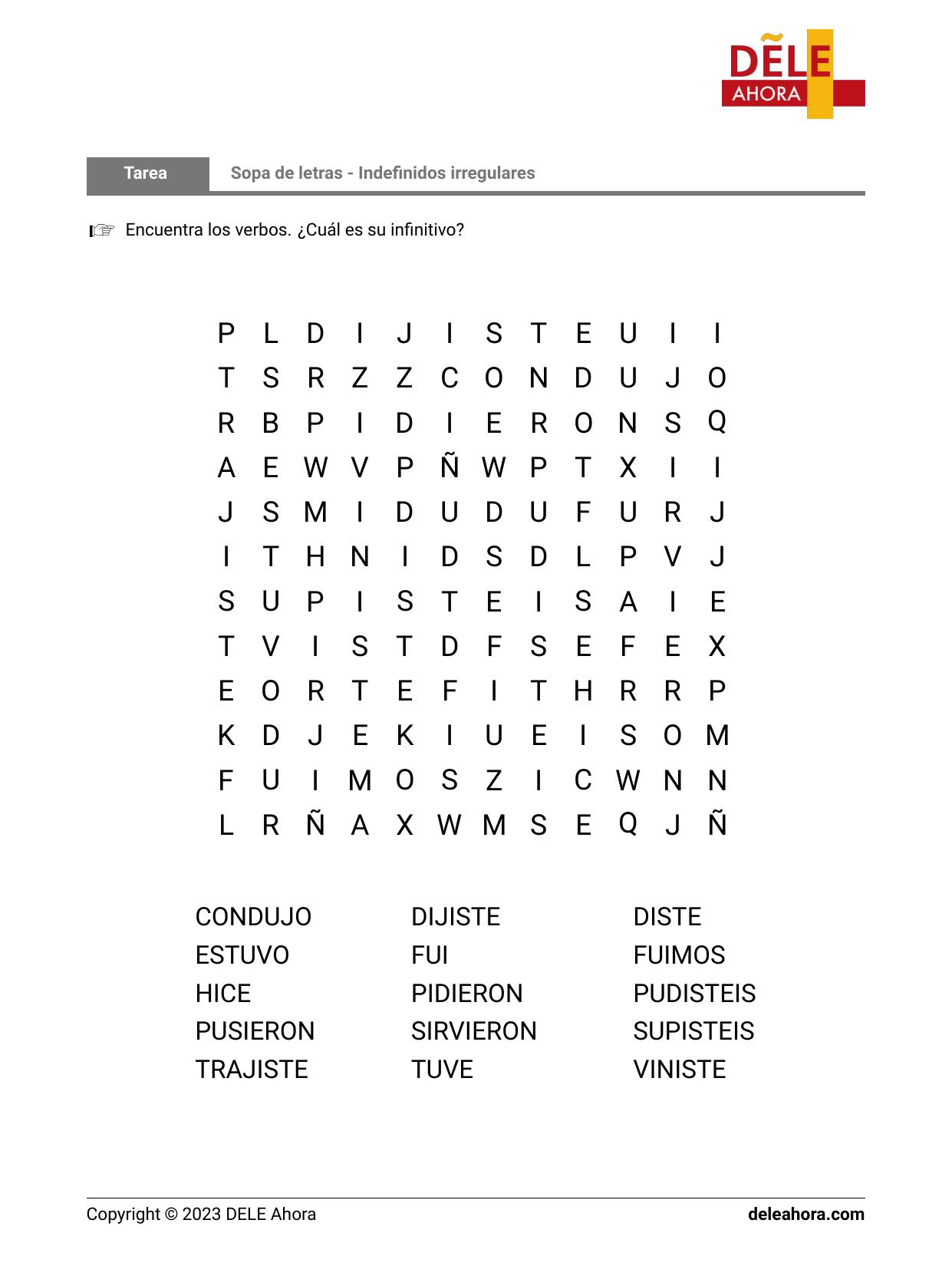 Sopa de letras - Indefinidos irregulares | Gramática