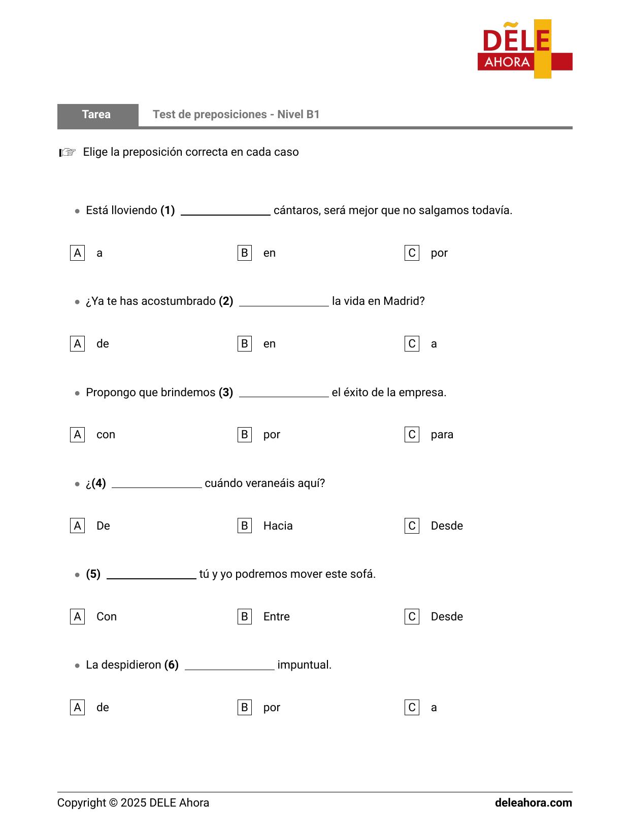 Test de preposiciones - Nivel B1 | Gramática • DELE Ahora