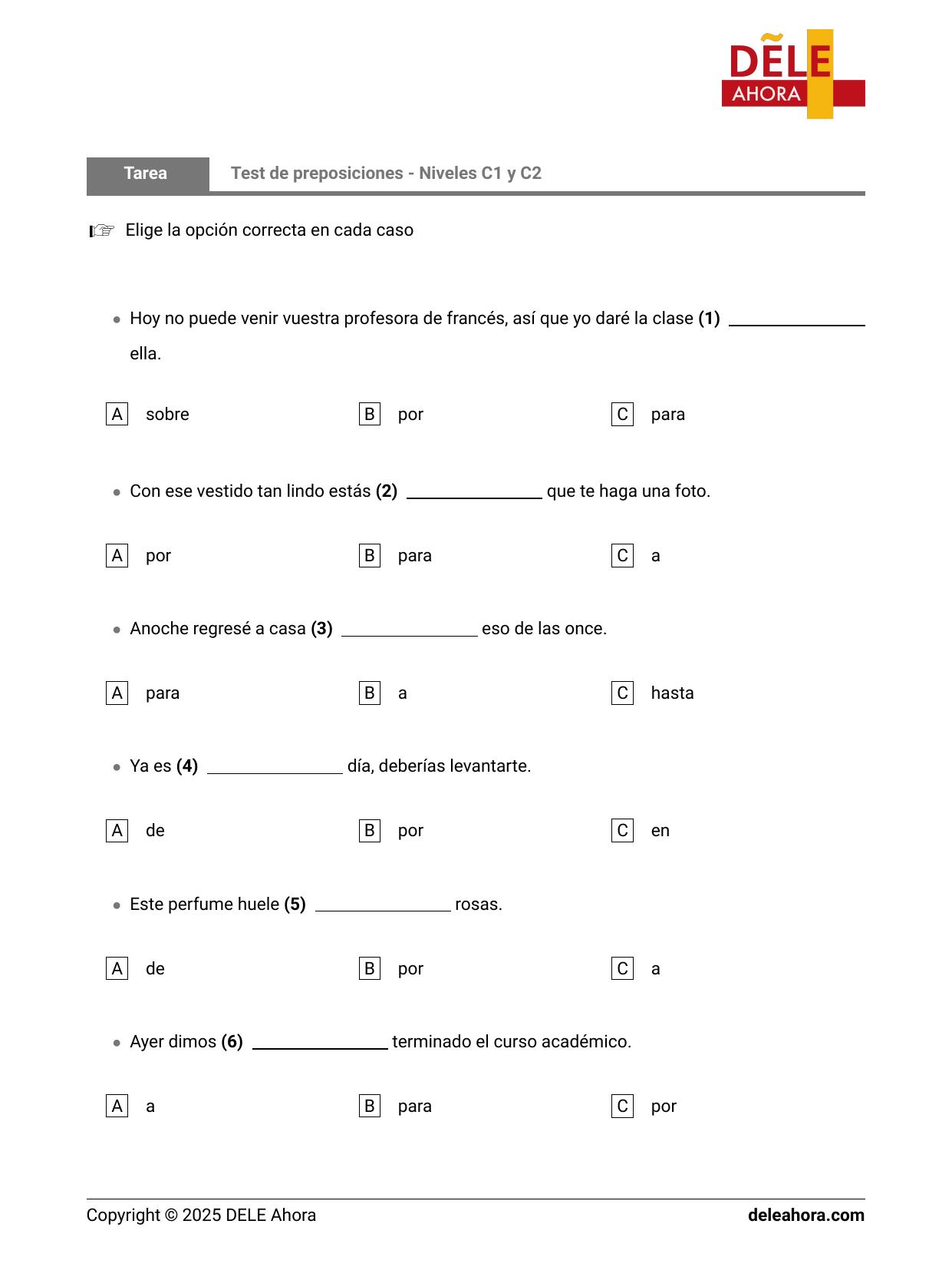 Test de preposiciones - Niveles C1 y C2 | Gramática