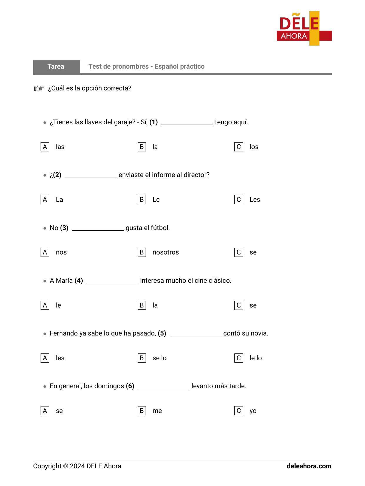 Test de pronombres - Español práctico | Gramática