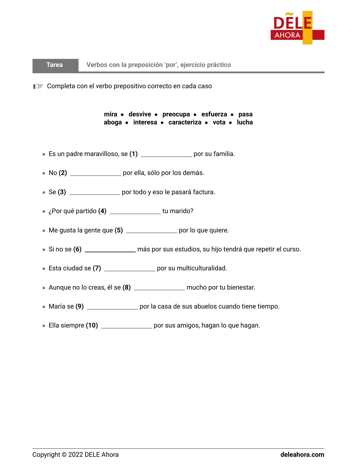 Verbos con la preposición 'por', ejercicio práctico | Gramática