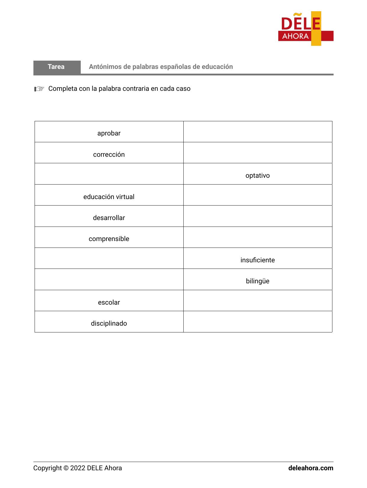 Antónimos de palabras españolas de educación | Vocabulario