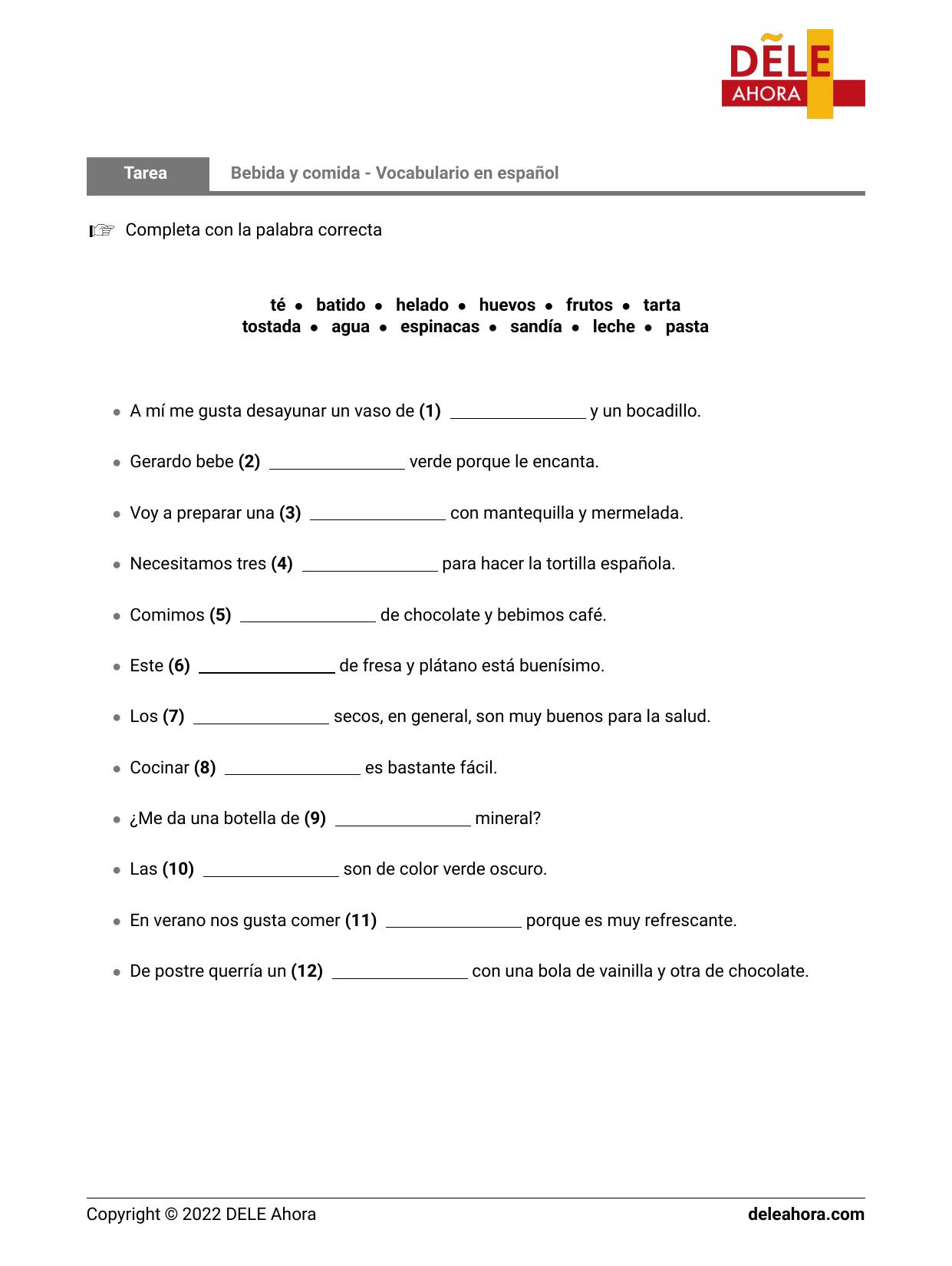 Bebida y comida - Vocabulario en español | Vocabulario