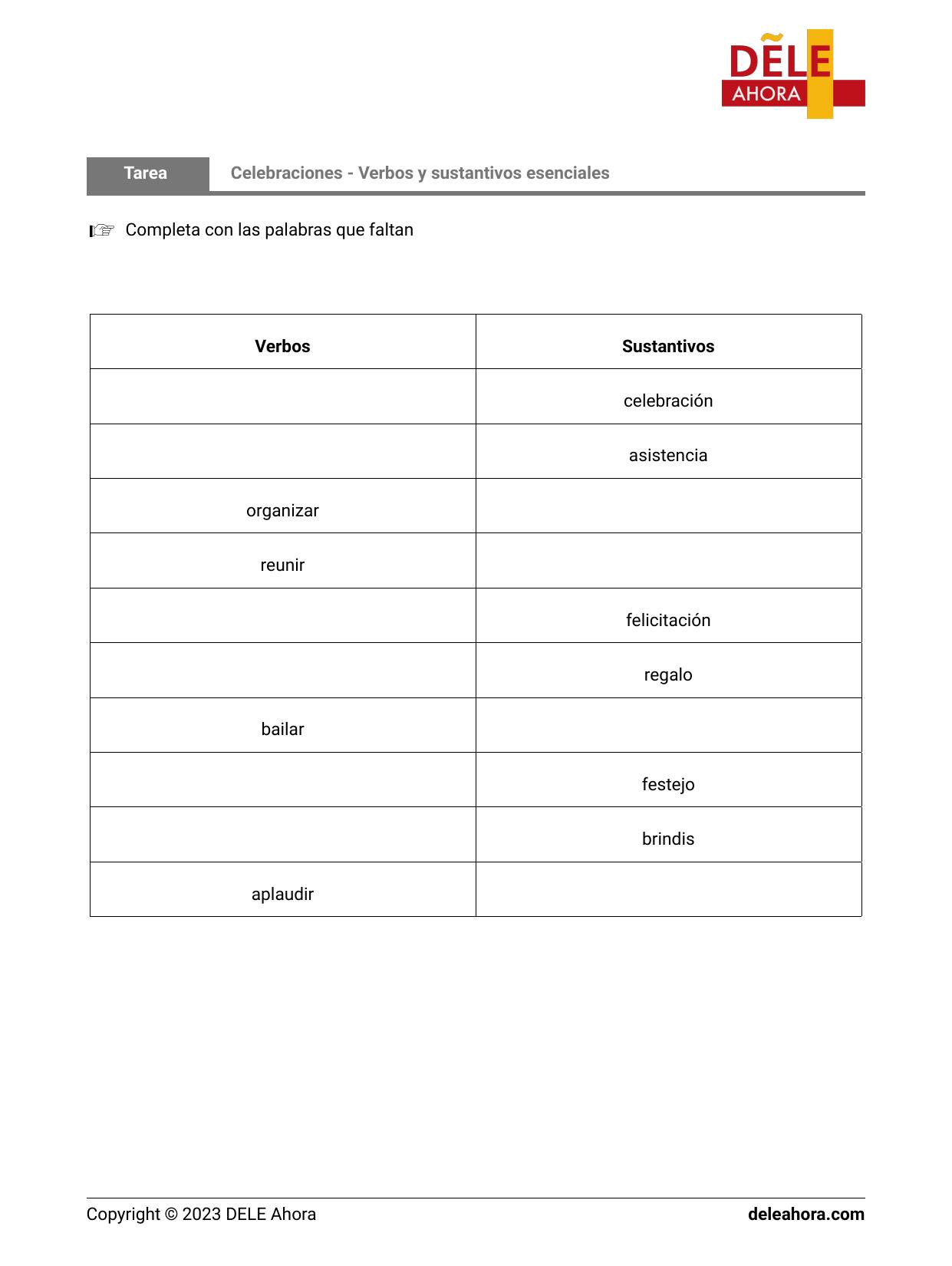 Celebraciones - Verbos y sustantivos esenciales | Vocabulario
