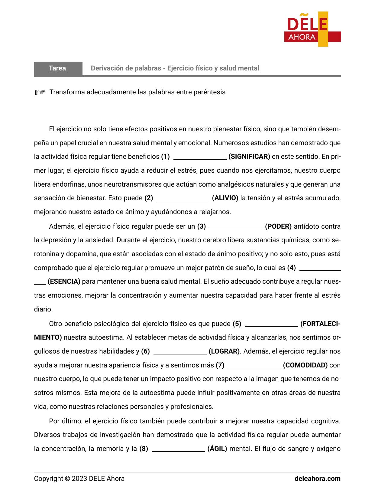 Derivación De Palabras Ejercicio Físico Y Salud Me Vocabulario