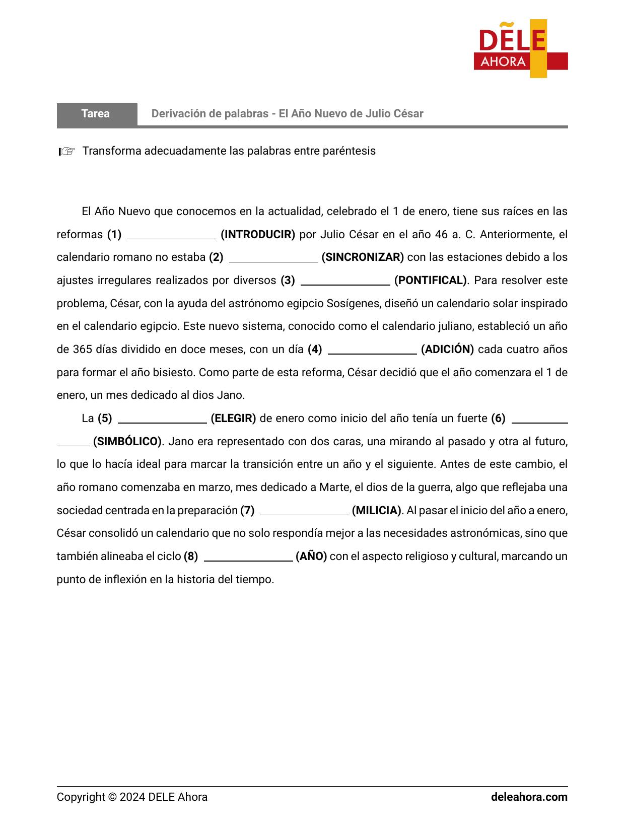 Derivación de palabras - El Año Nuevo de Julio César | Vocabulario