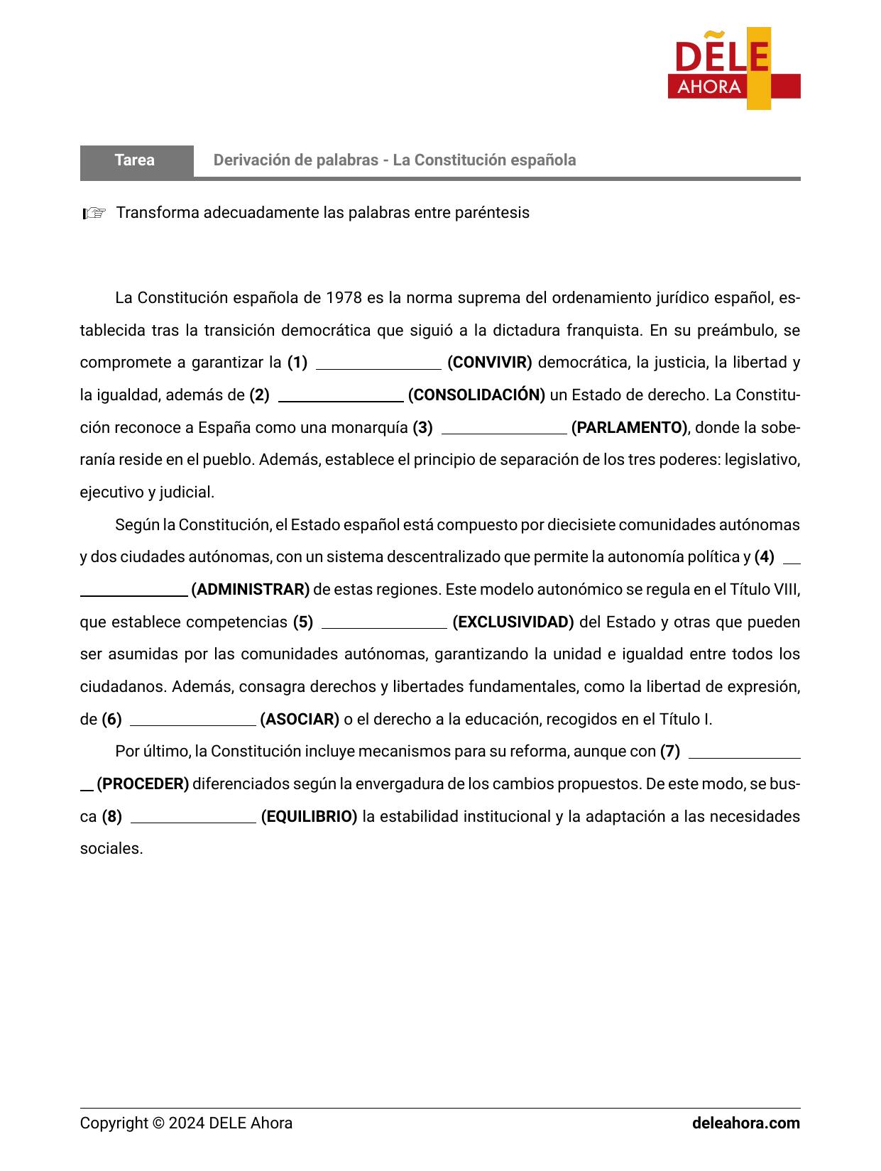 Derivación de palabras - La Constitución española | Vocabulario