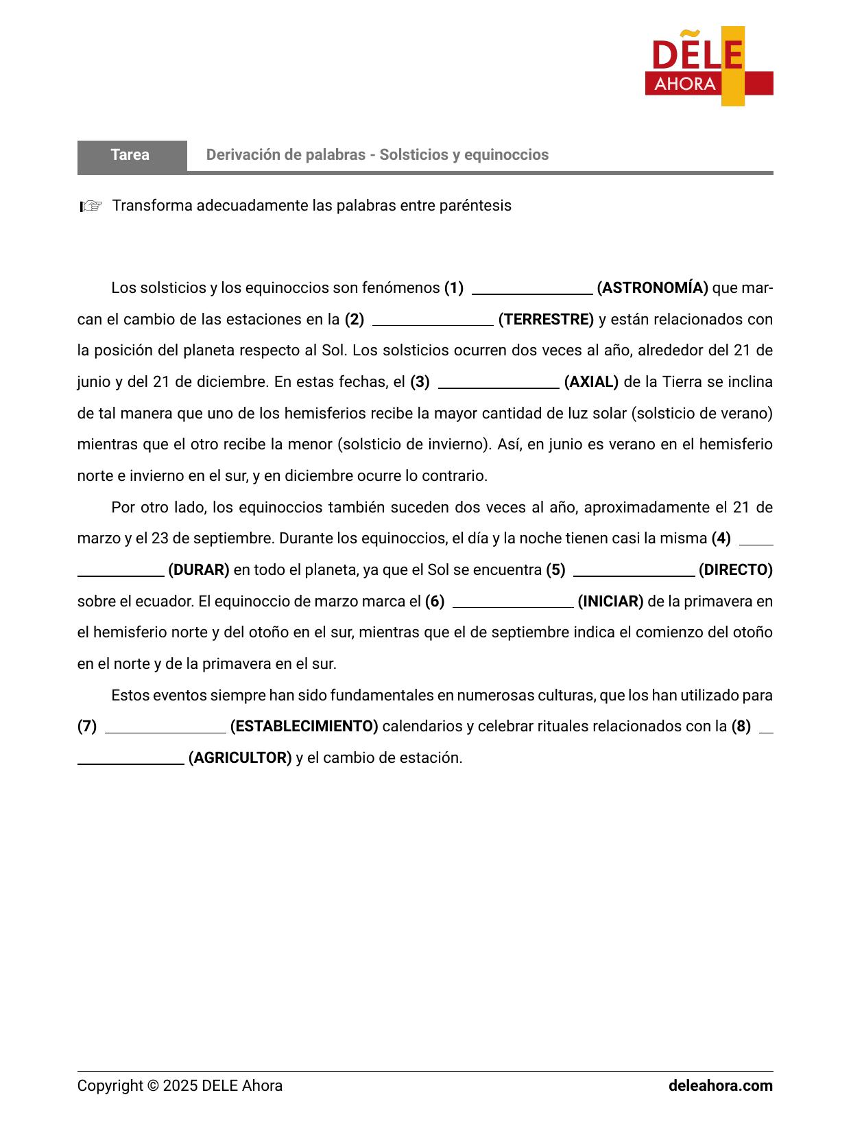 Derivación de palabras - Solsticios y equinoccios | Vocabulario