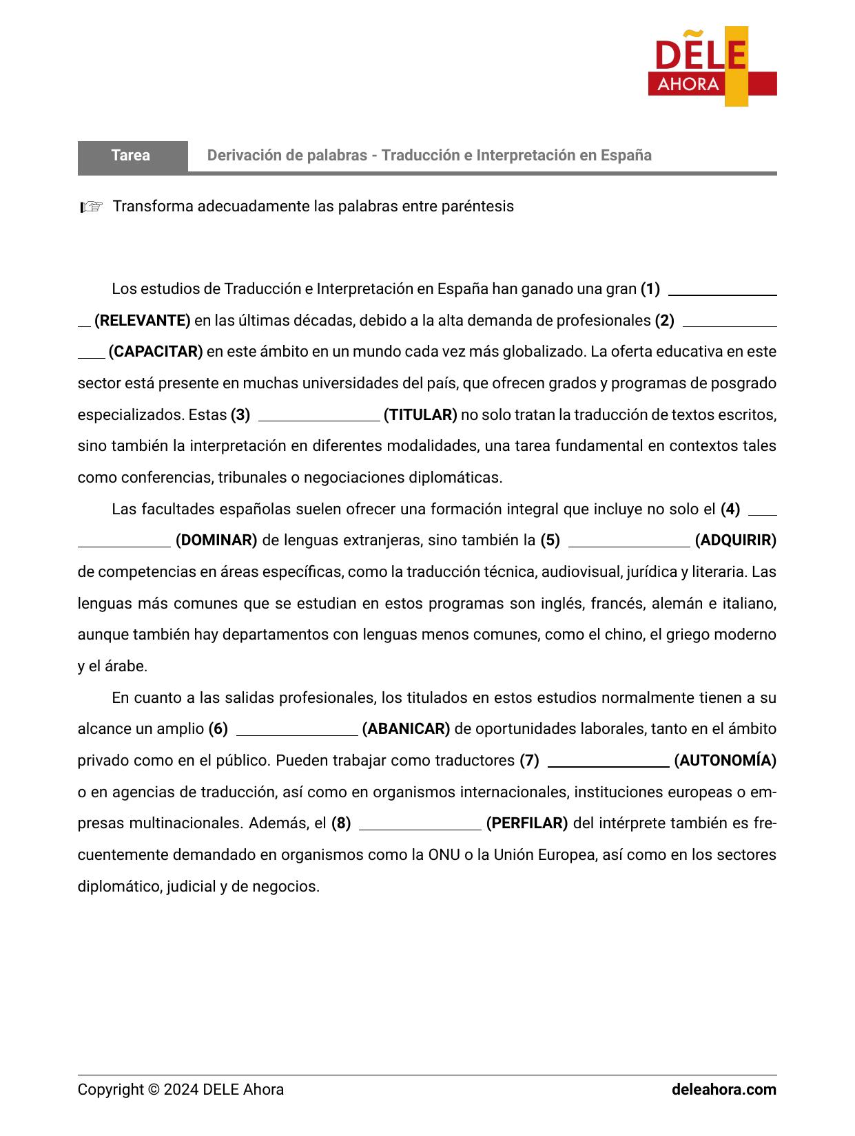 Derivación de palabras - Traducción e Interpretación... | Vocabulario
