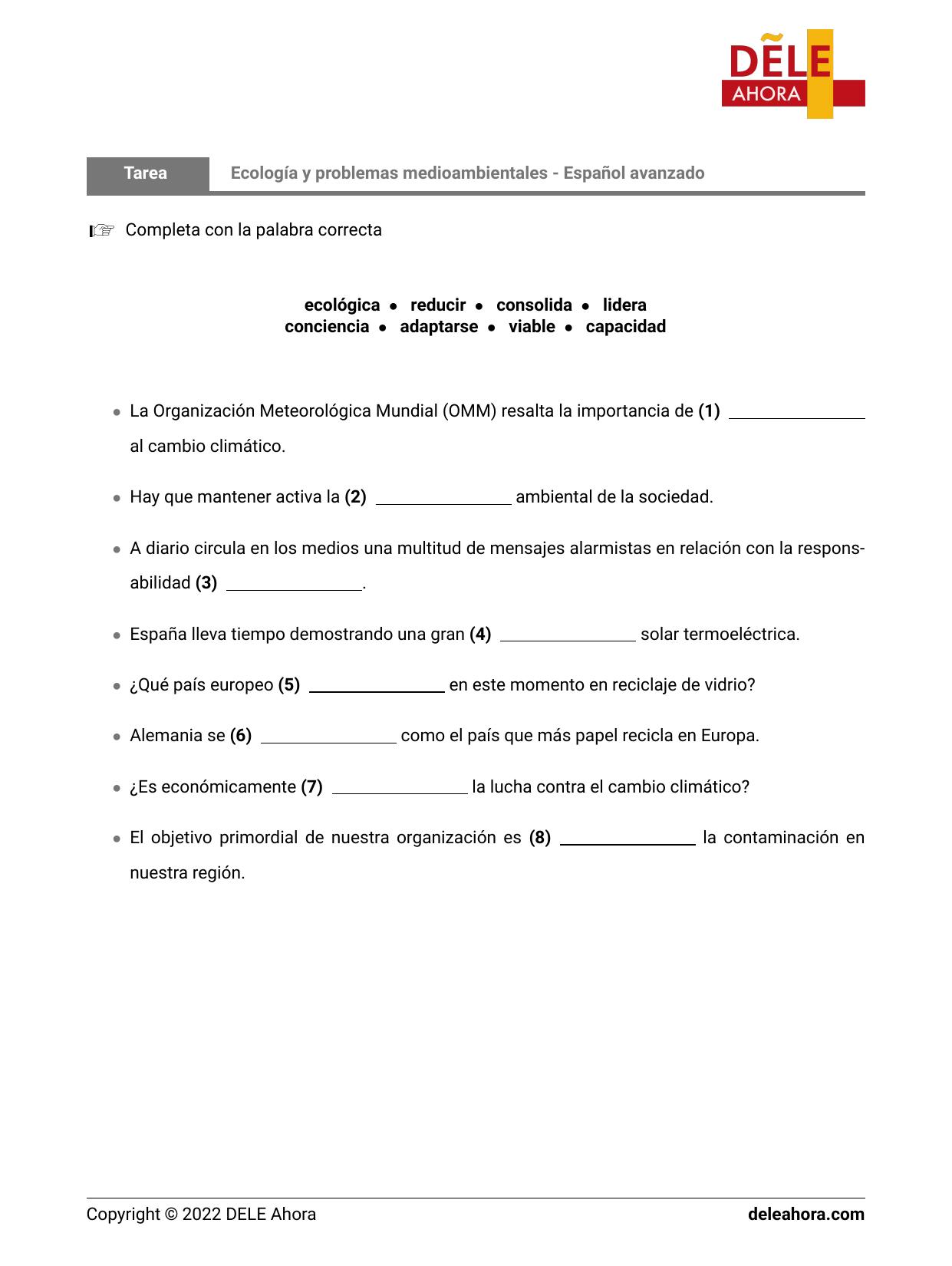 Ecología y problemas medioambientales - Español avan... | Vocabulario