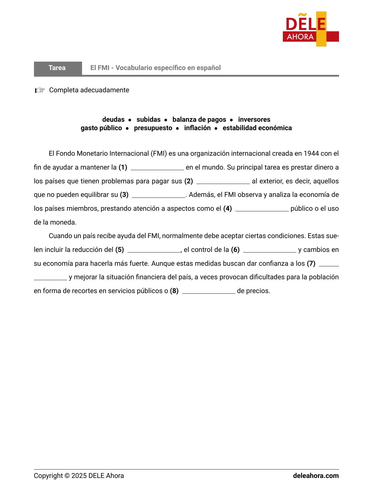 El FMI - Vocabulario específico en español | Vocabulario