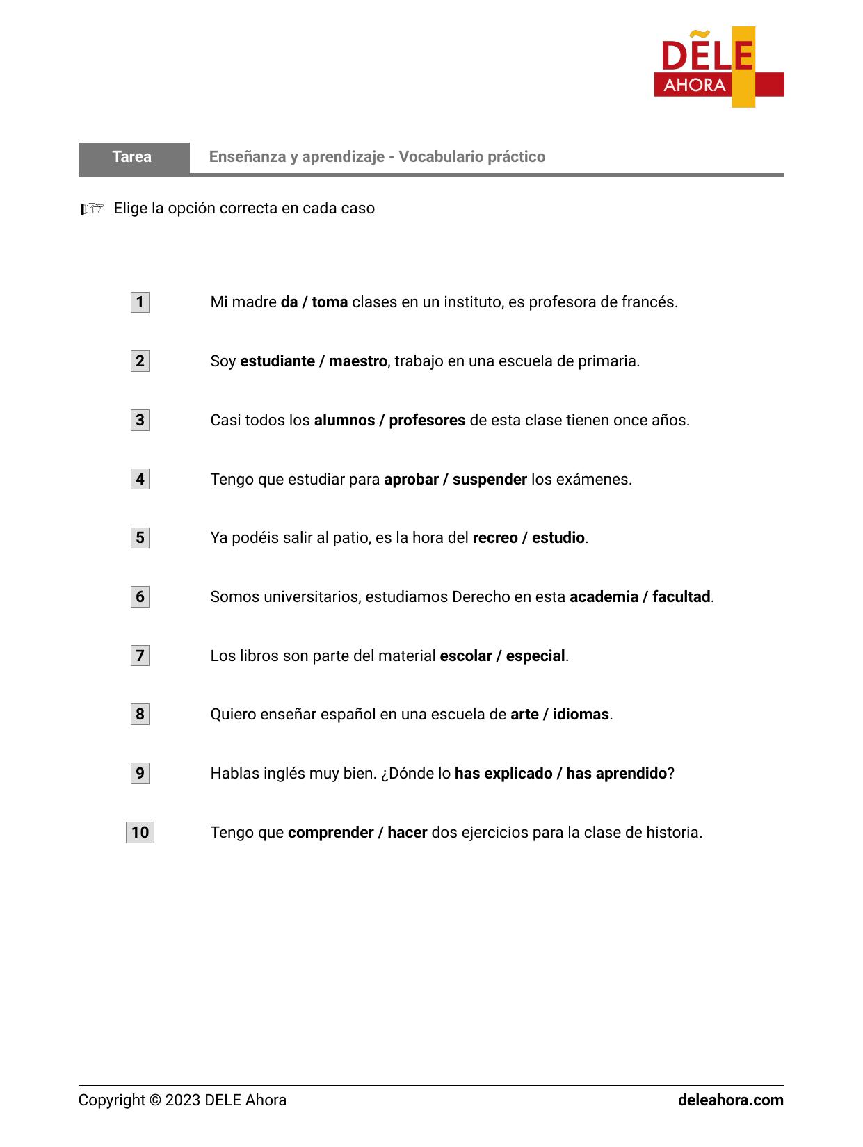 Enseñanza y aprendizaje - Vocabulario práctico | Vocabulario