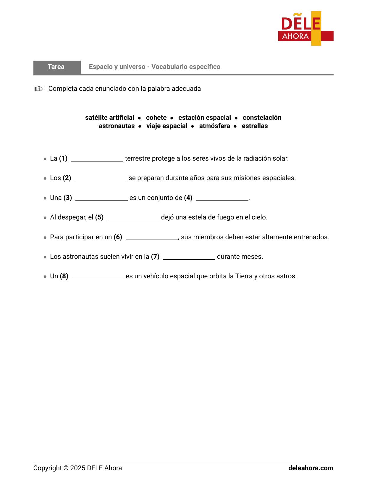 Espacio y universo - Vocabulario específico | Vocabulario