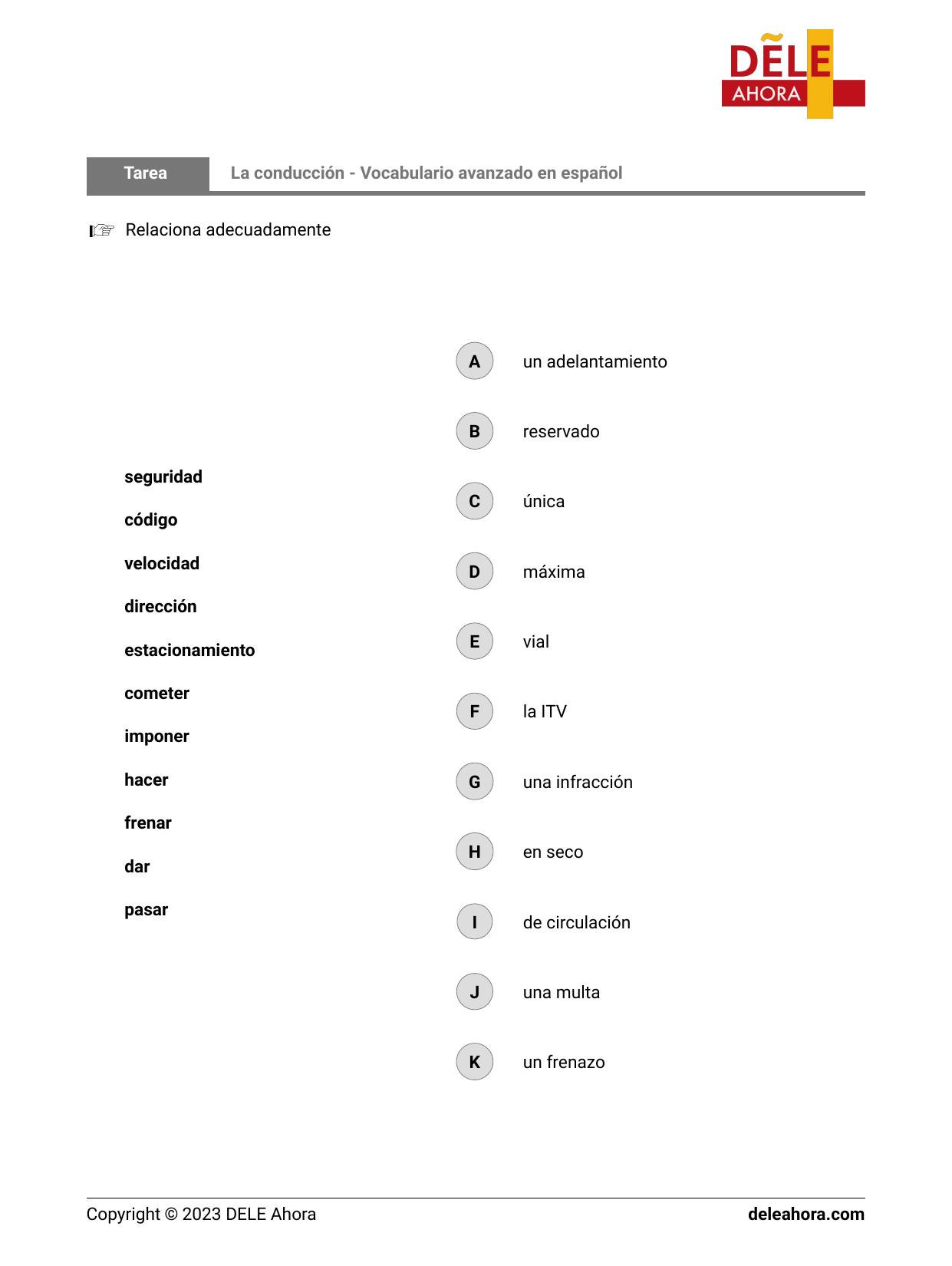 La Conducción Vocabulario Avanzado En Español Vocabulario