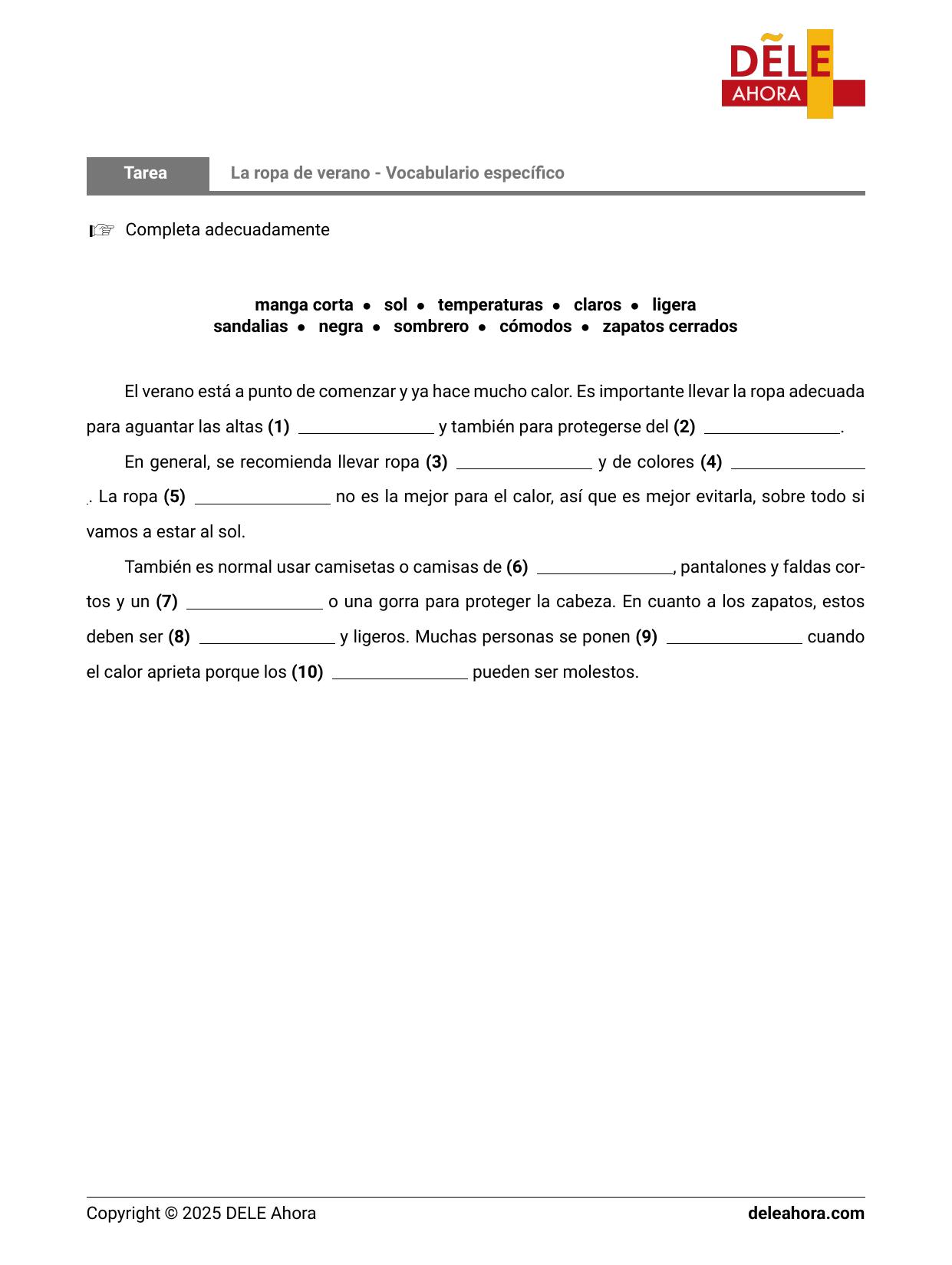 La ropa de verano - Vocabulario específico | Vocabulario