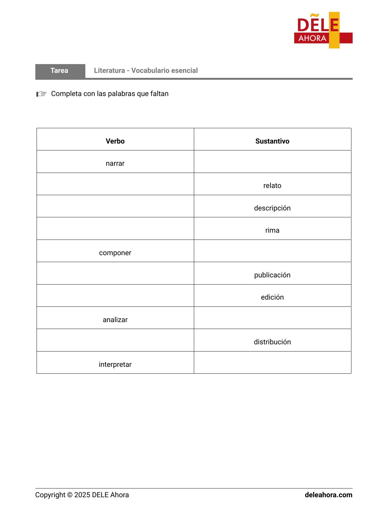 Literatura - Vocabulario esencial | Vocabulario • DELE Ahora