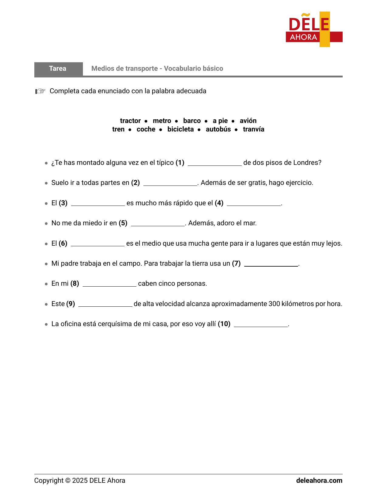 Medios de transporte - Vocabulario básico | Vocabulario
