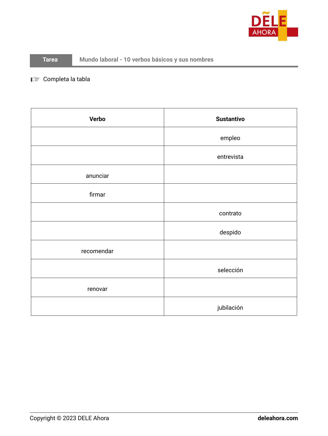Mundo laboral - 10 verbos básicos y sus nombres | Vocabulario