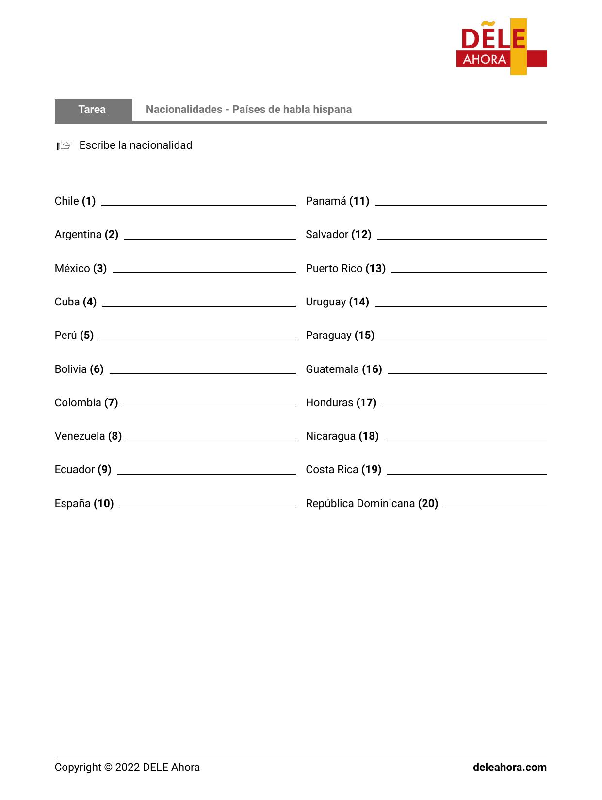 Nacionalidades - Países de habla hispana | Vocabulario