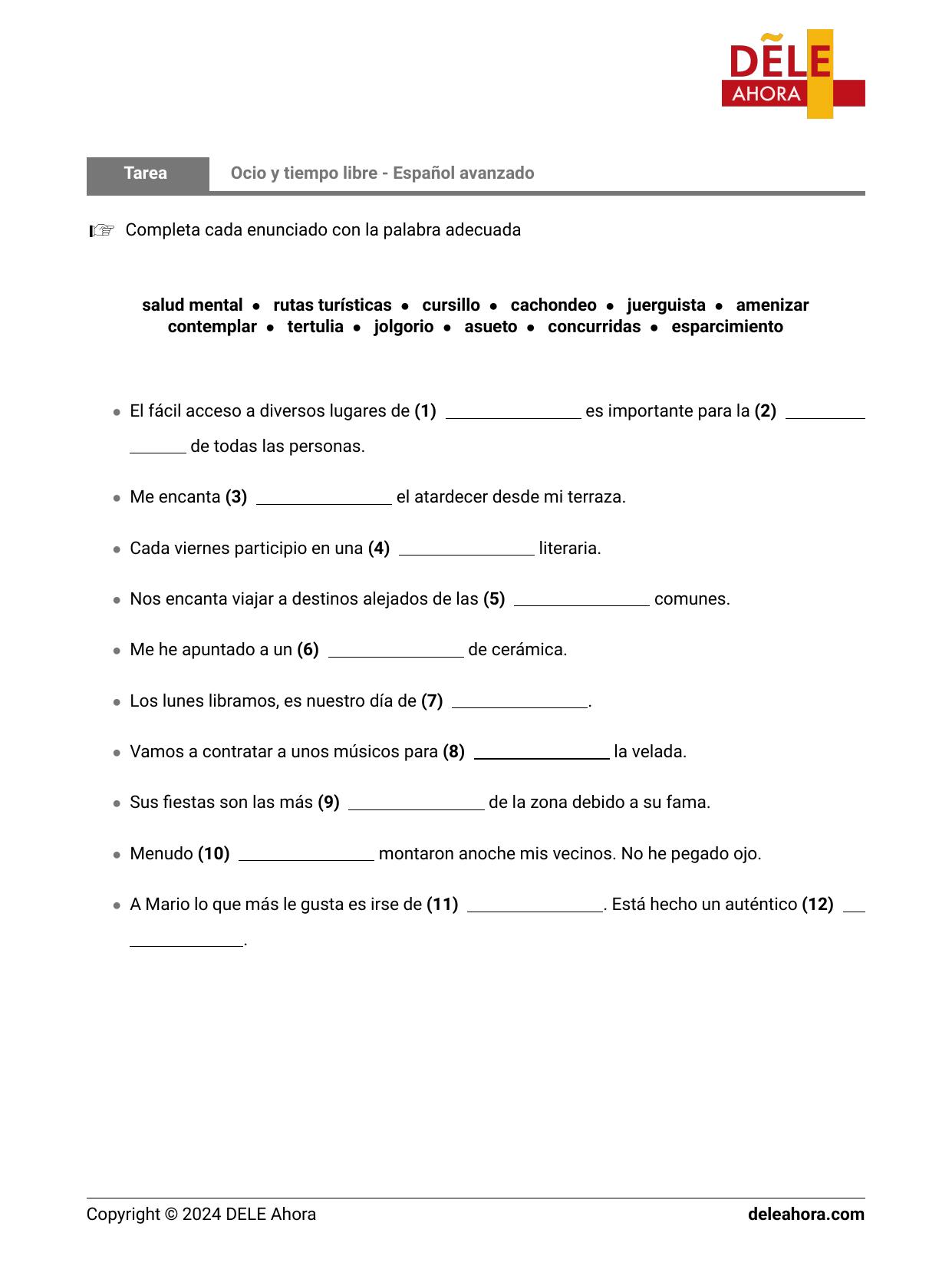 Ocio y tiempo libre - Español avanzado | Vocabulario