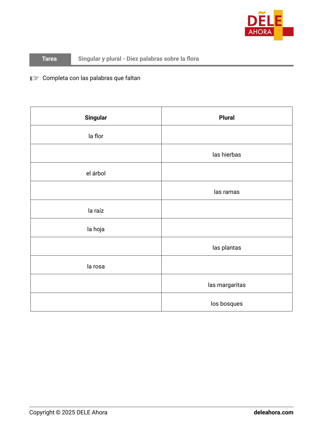 Singular y plural - Diez palabras sobre la flora | Vocabulario