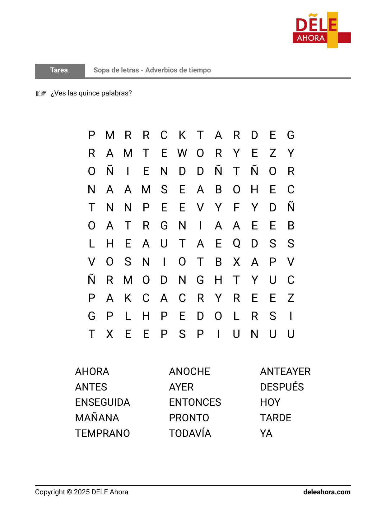 Sopa de letras - Adverbios de tiempo | Vocabulario