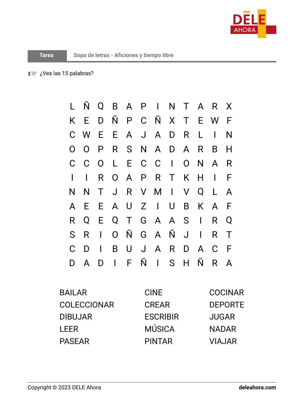 Sopa de letras - Aficiones y tiempo libre | Vocabulario