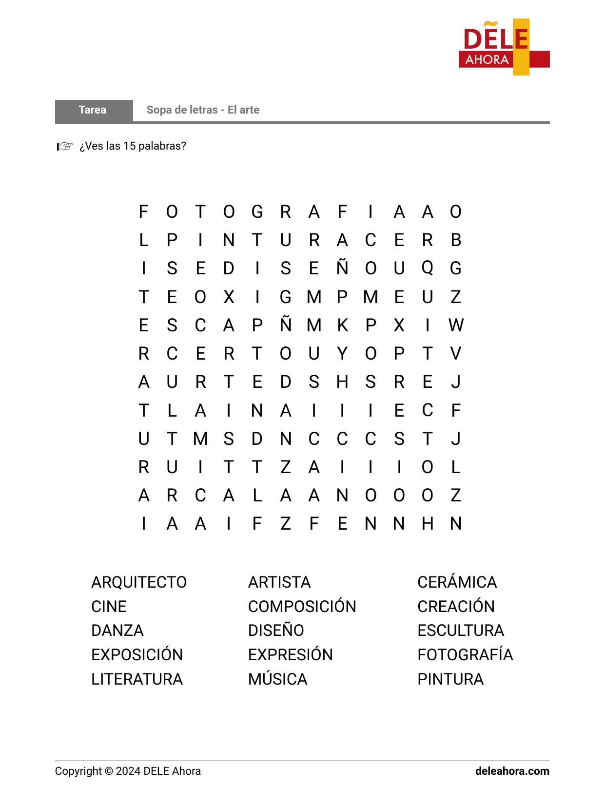 Sopa de letras - El arte | Vocabulario • DELE Ahora