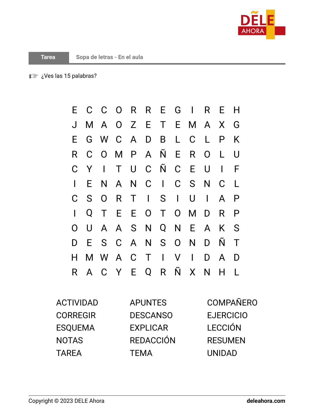 Sopa de letras - En el aula | Vocabulario • DELE Ahora