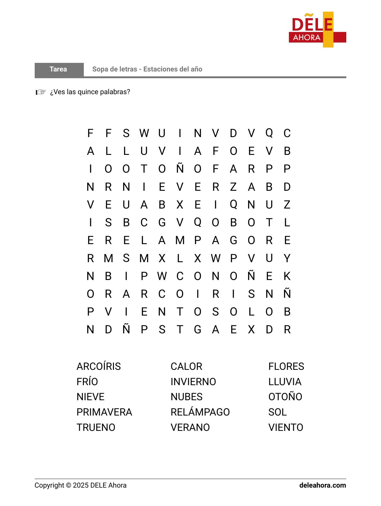 Sopa de letras - Estaciones del año | Vocabulario