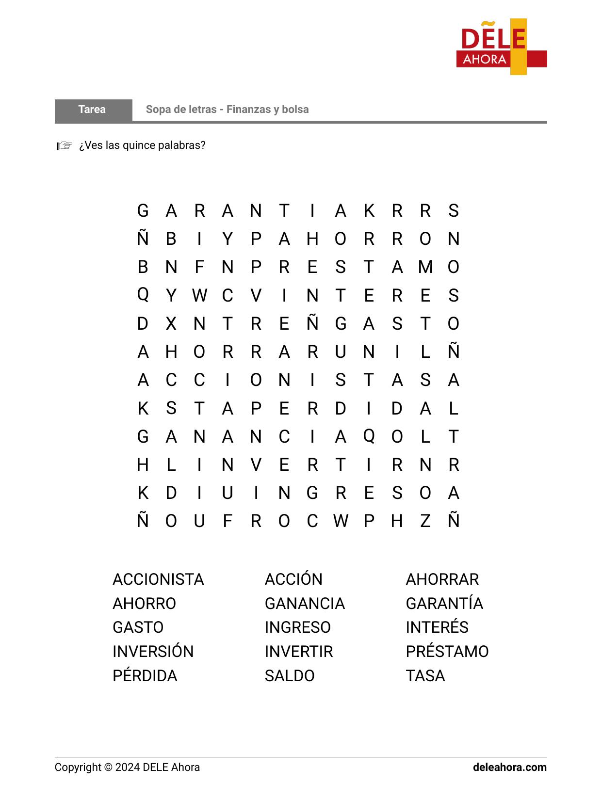Sopa de letras - Finanzas y bolsa | Vocabulario • DELE Ahora