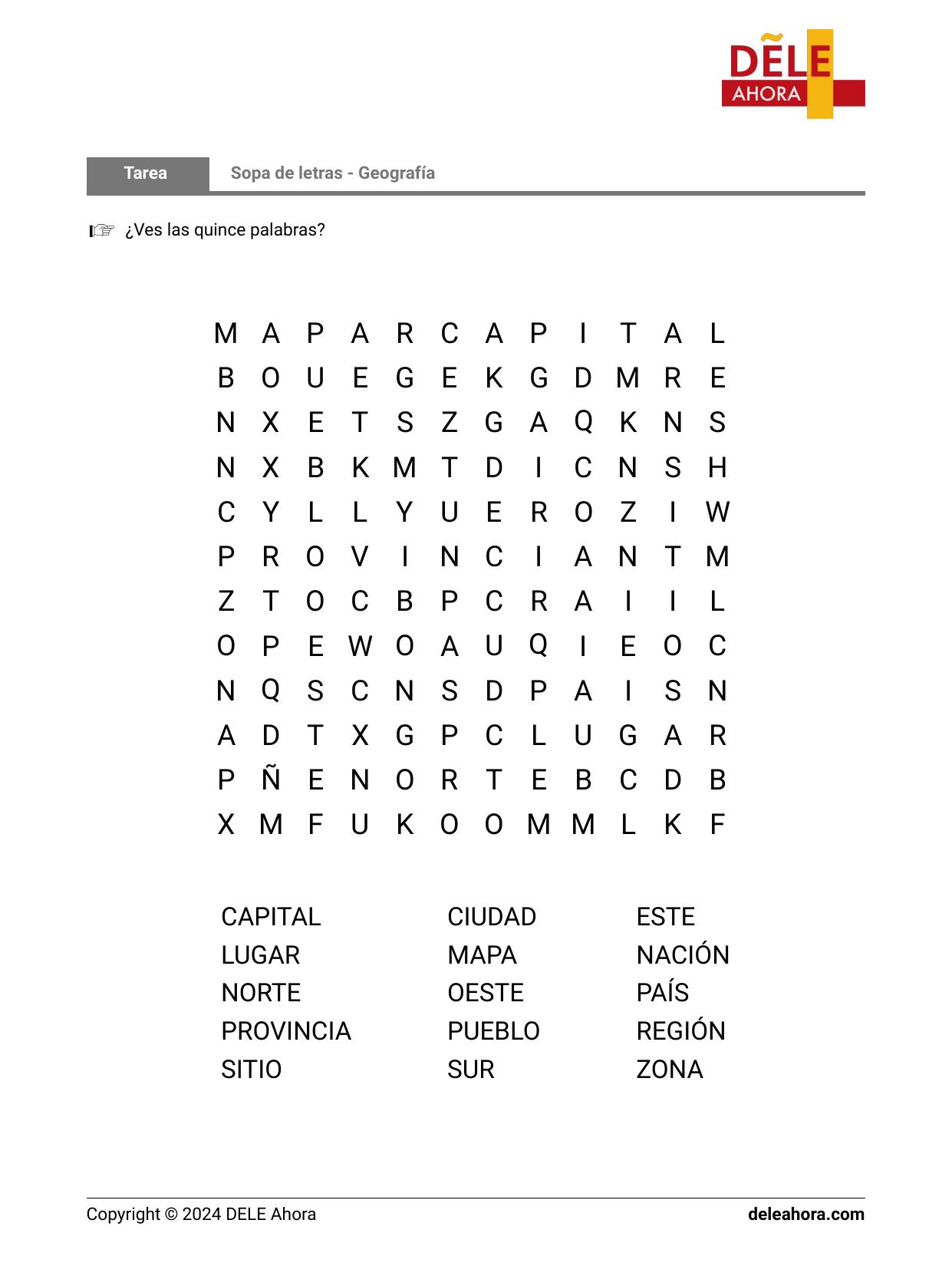 Sopa de letras - Geografía | Vocabulario • DELE Ahora