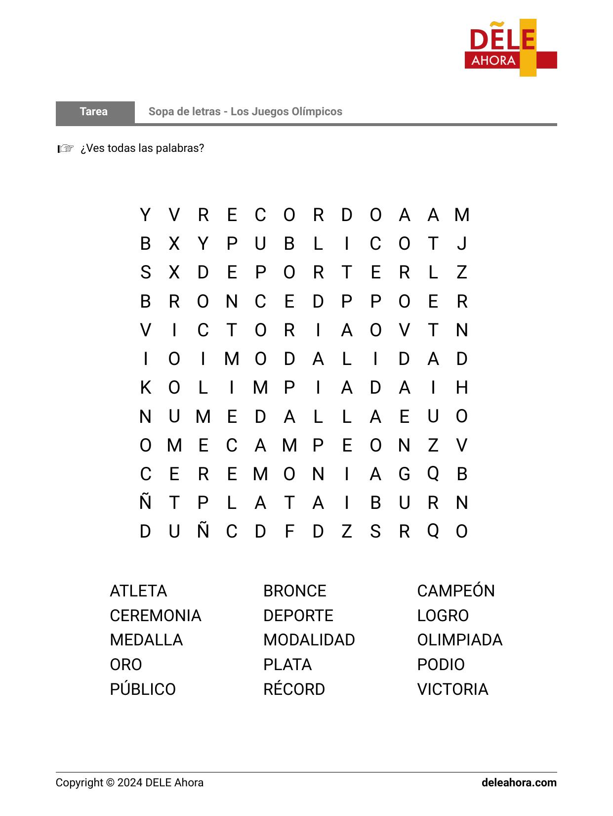 Sopa de letras - Los Juegos Olímpicos | Vocabulario