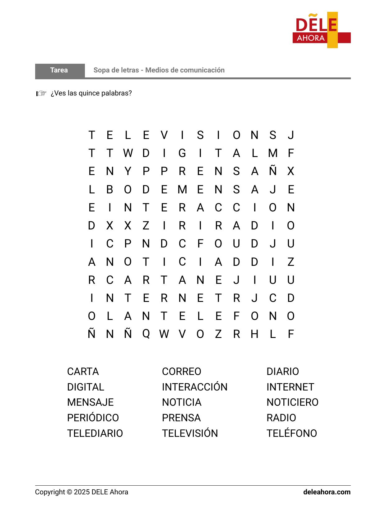 Sopa de letras - Medios de comunicación | Vocabulario