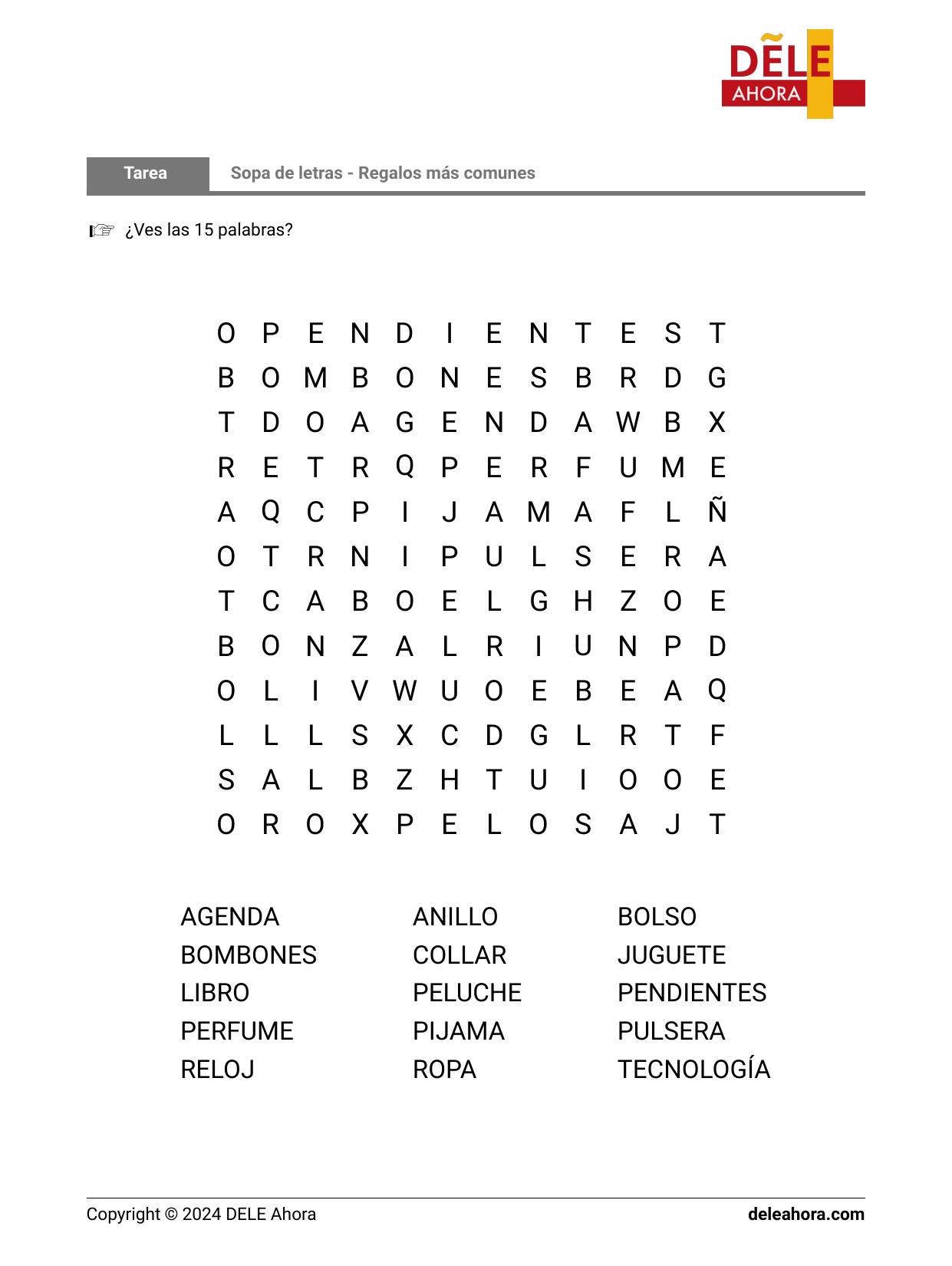 Sopa de letras - Regalos más comunes | Vocabulario