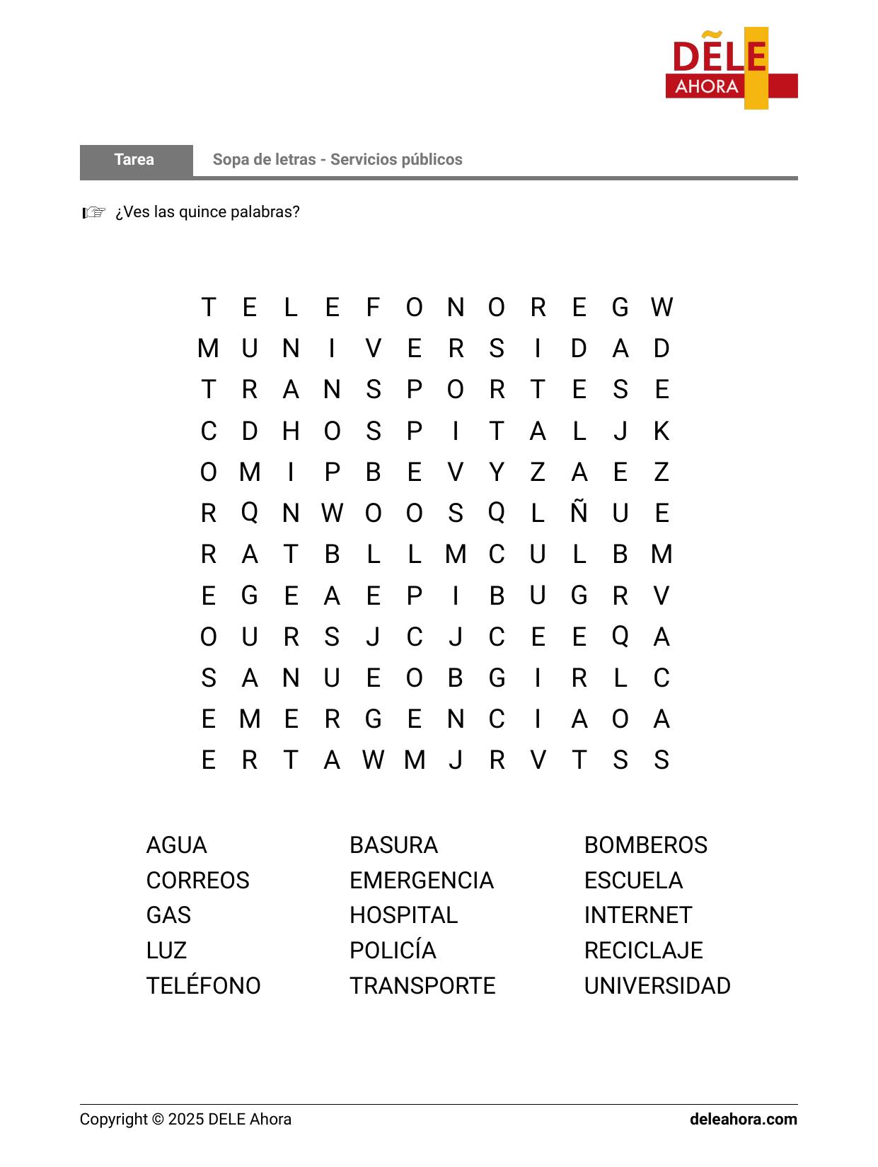 Sopa de letras - Servicios públicos | Vocabulario