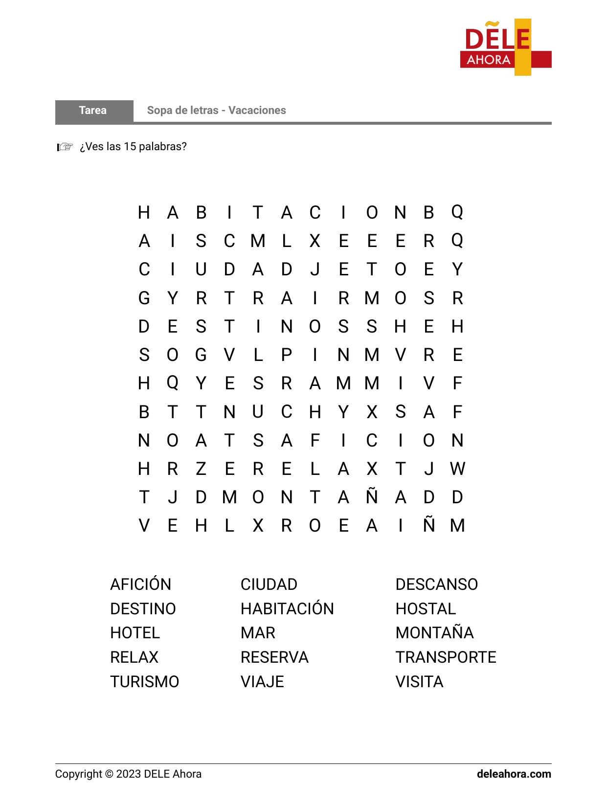 Sopa de letras - Vacaciones | Vocabulario • DELE Ahora