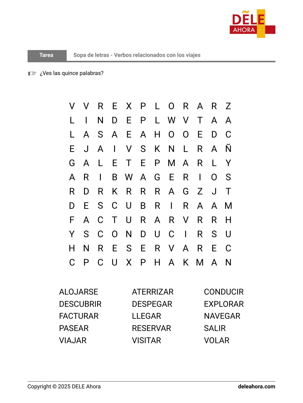 Sopa de letras - Verbos relacionados con los viajes | Vocabulario