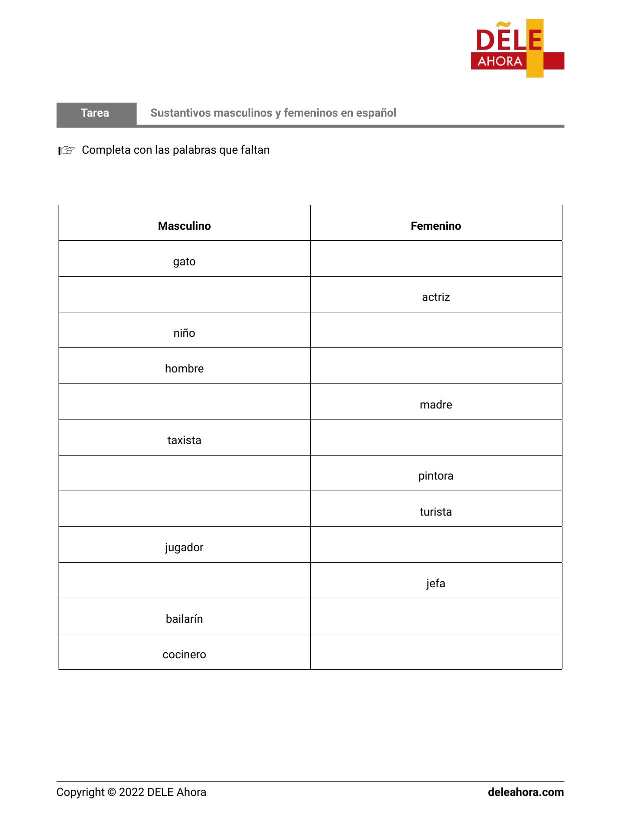 Sustantivos masculinos y femeninos en español | Vocabulario