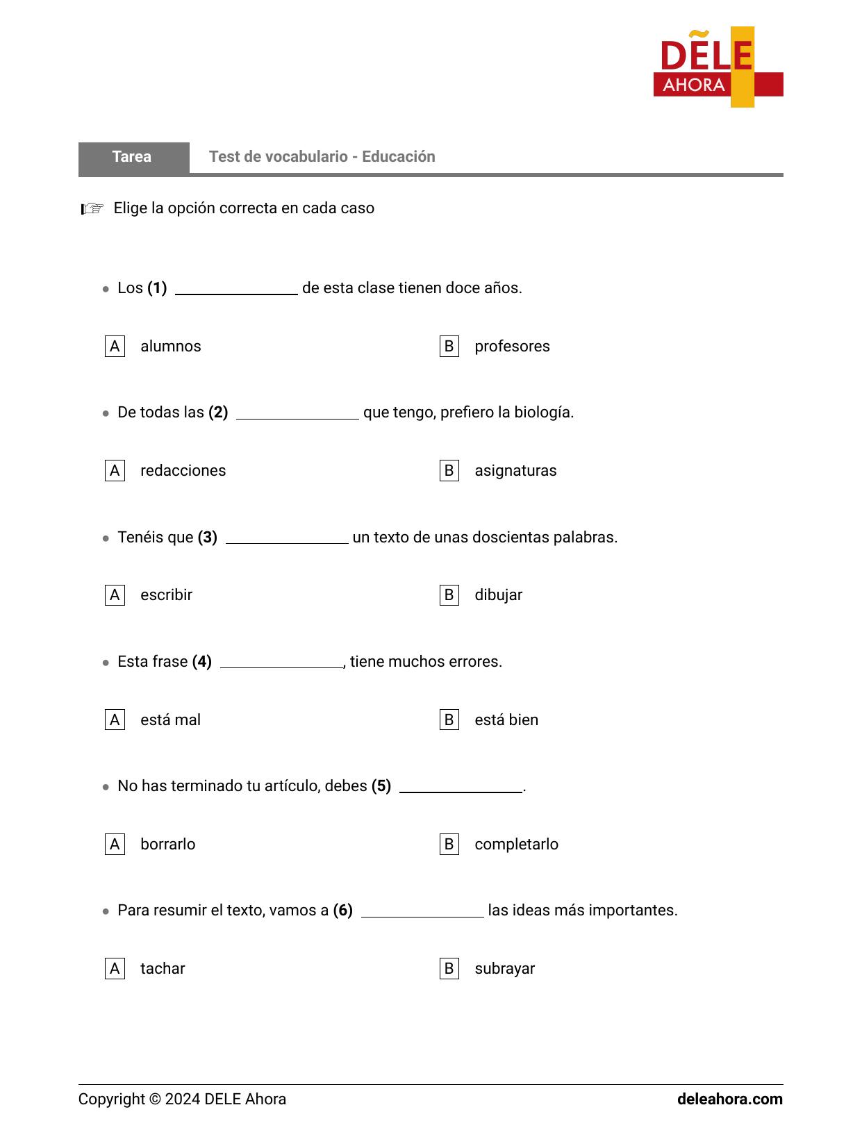 Test de vocabulario - Educación | Vocabulario • DELE Ahora