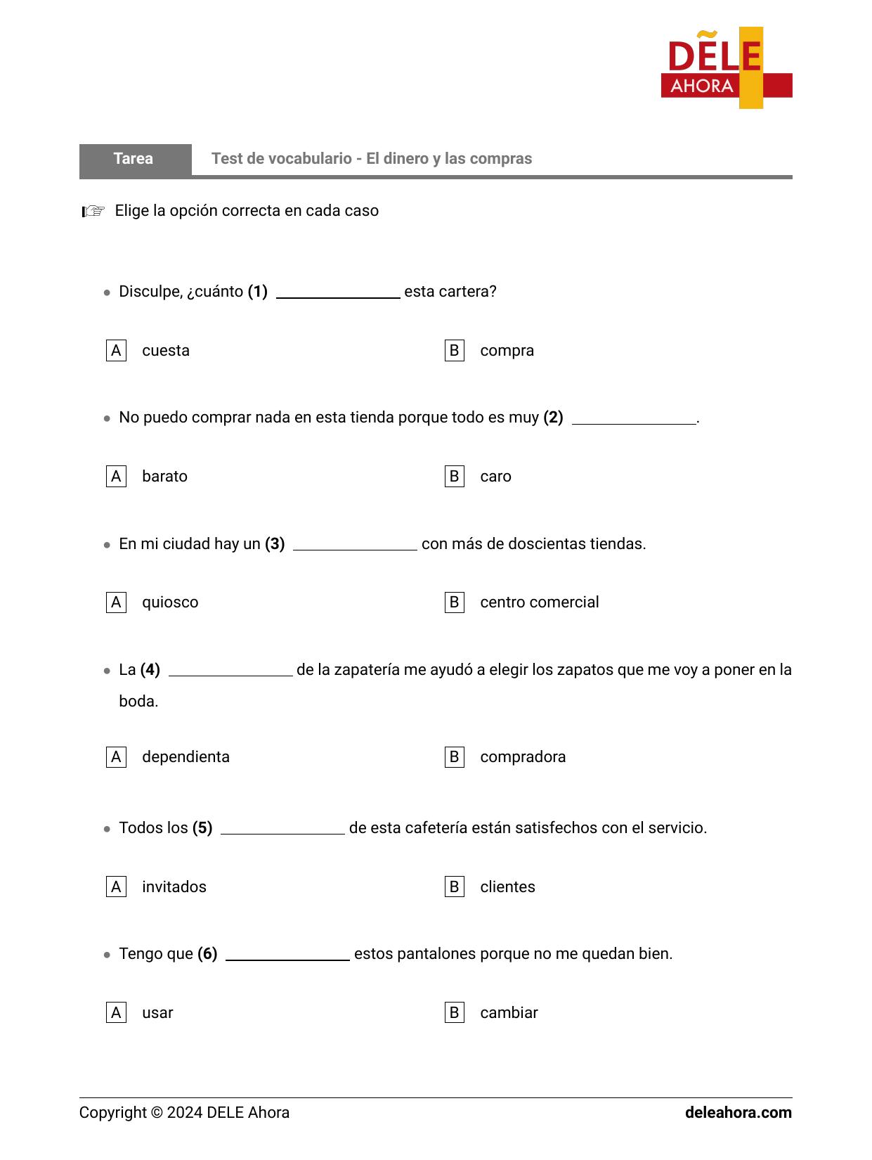 Test de vocabulario - El dinero y las compras | Vocabulario
